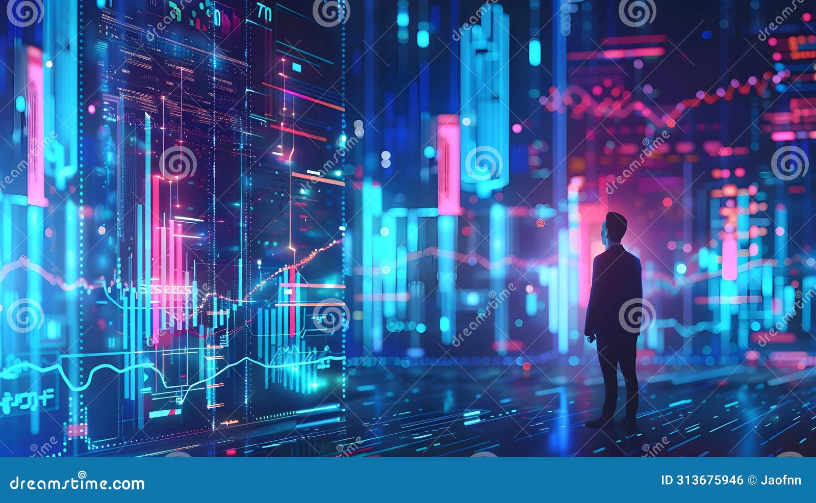 Back View of Young Businessman Working with Virtual Panel with ...