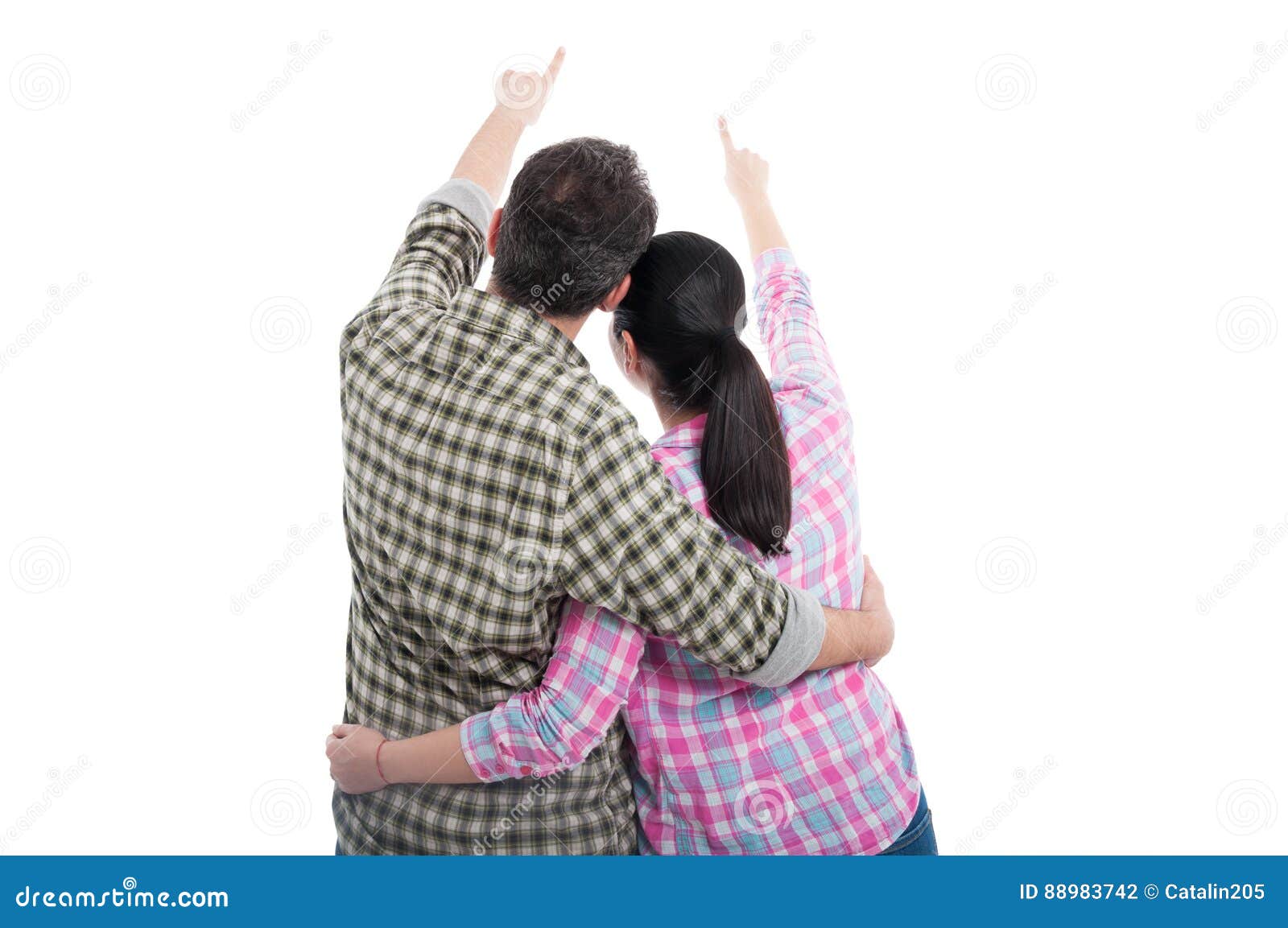Back View of Young Couple Pointing at Something Stock Photo - Image of ...