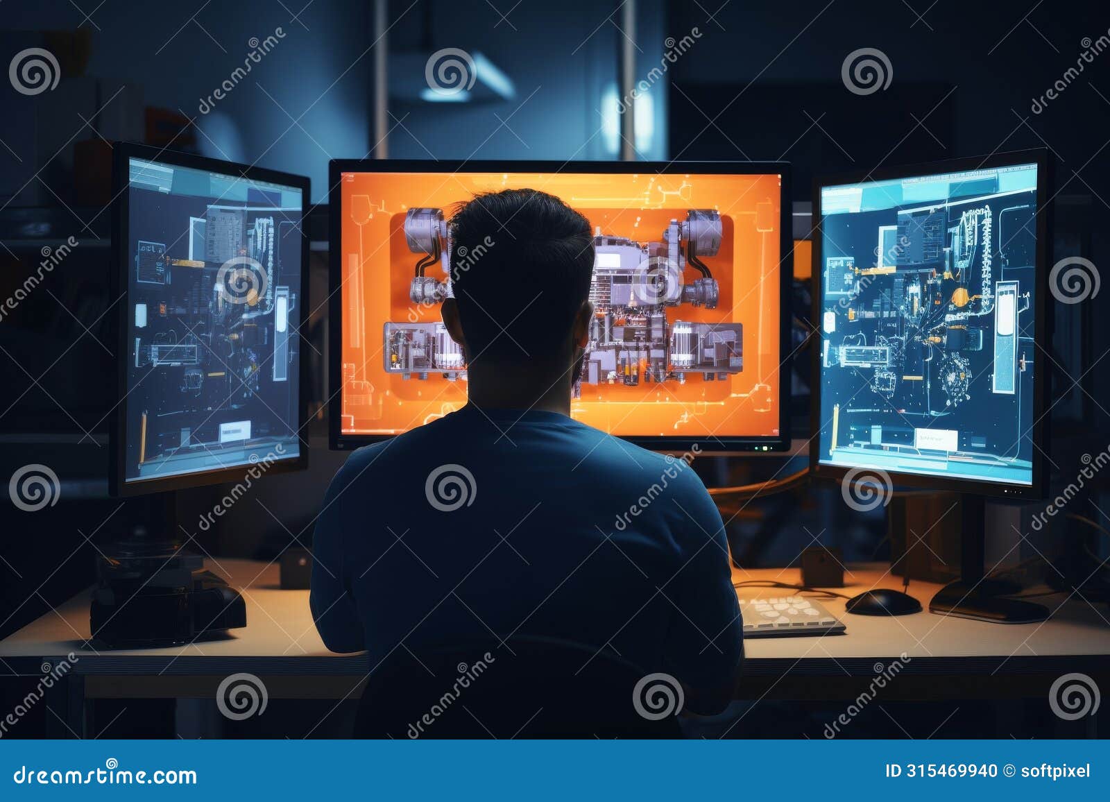 Back View of Young Engineer Developing 3d Machine Parts in CAD Software ...