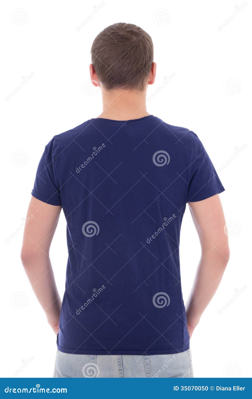 Back View of Young Man in Blue T-shirt Isolated on White Stock Photo ...