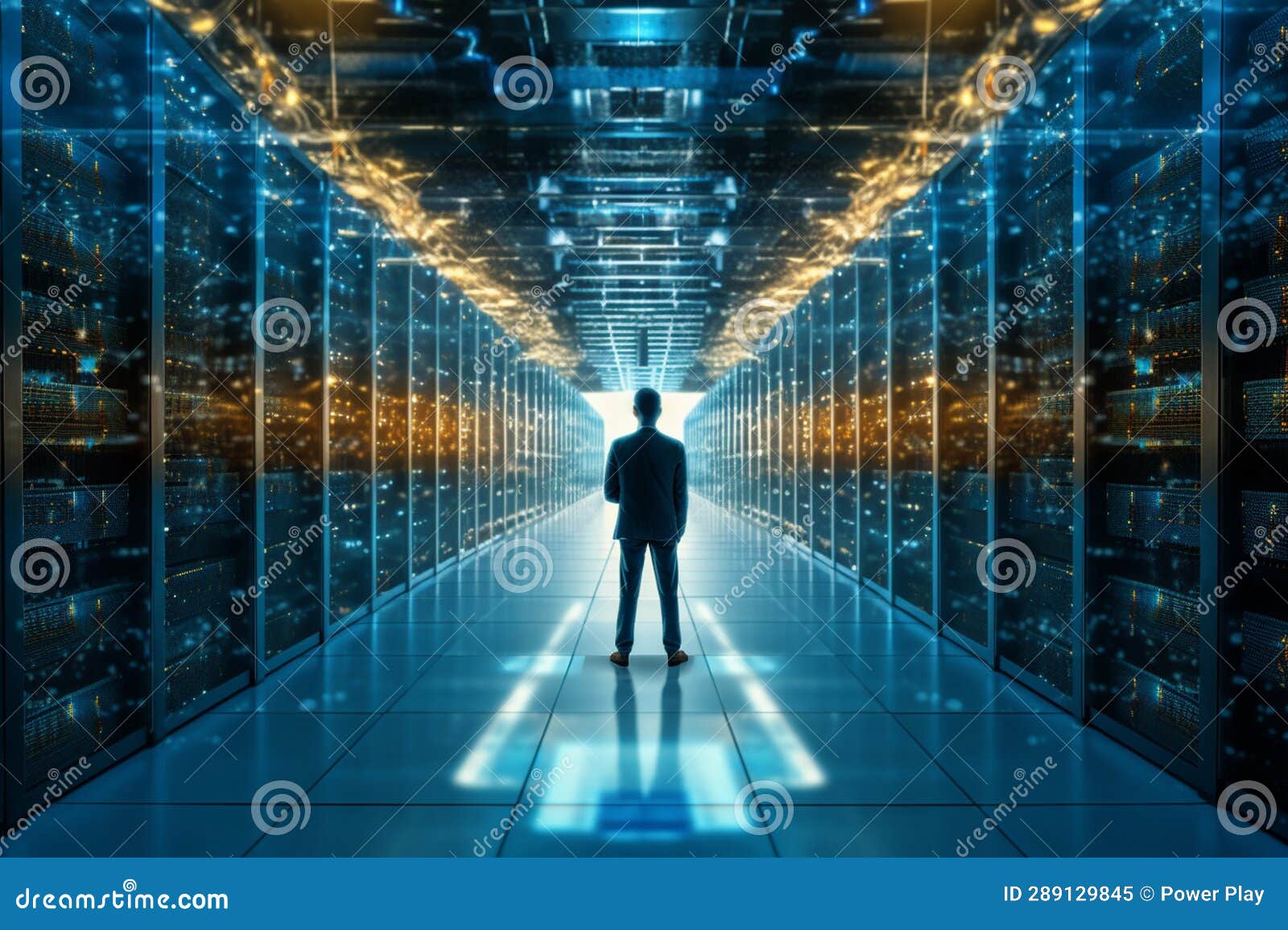 Back View of Young Man in Datacenter Server Room. Data Center Concept ...