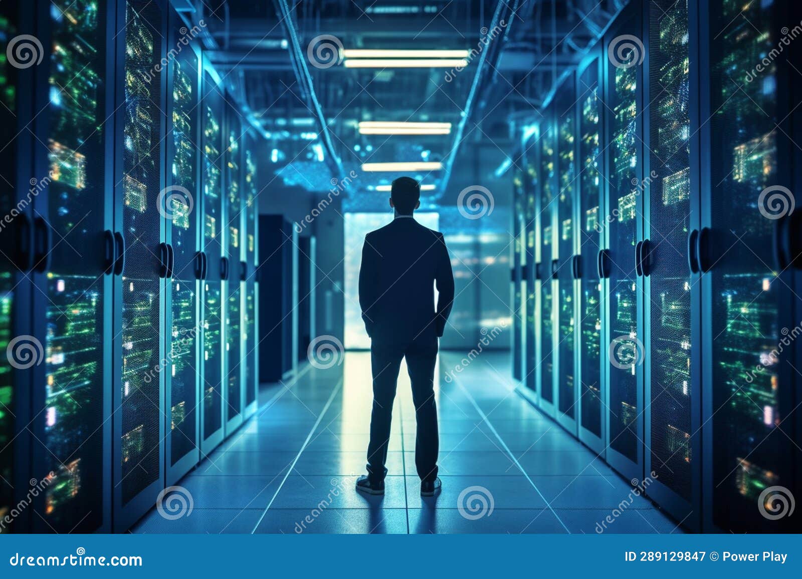 Back View of Young Man in Datacenter Server Room. Data Center Concept ...