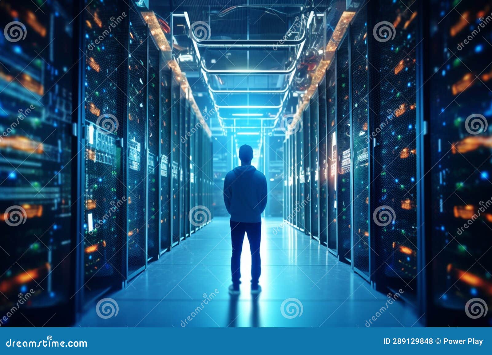 Back View of Young Man in Datacenter Server Room. Data Center Concept ...