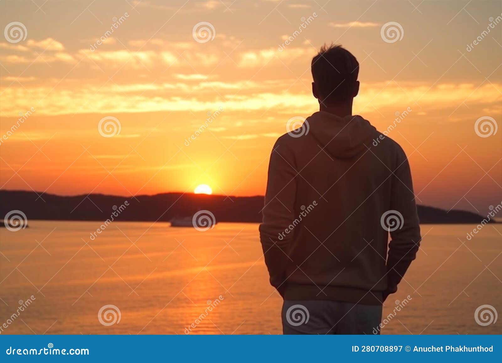 Back View of a Young Man Looking at the Sunset Over the Sea with ...