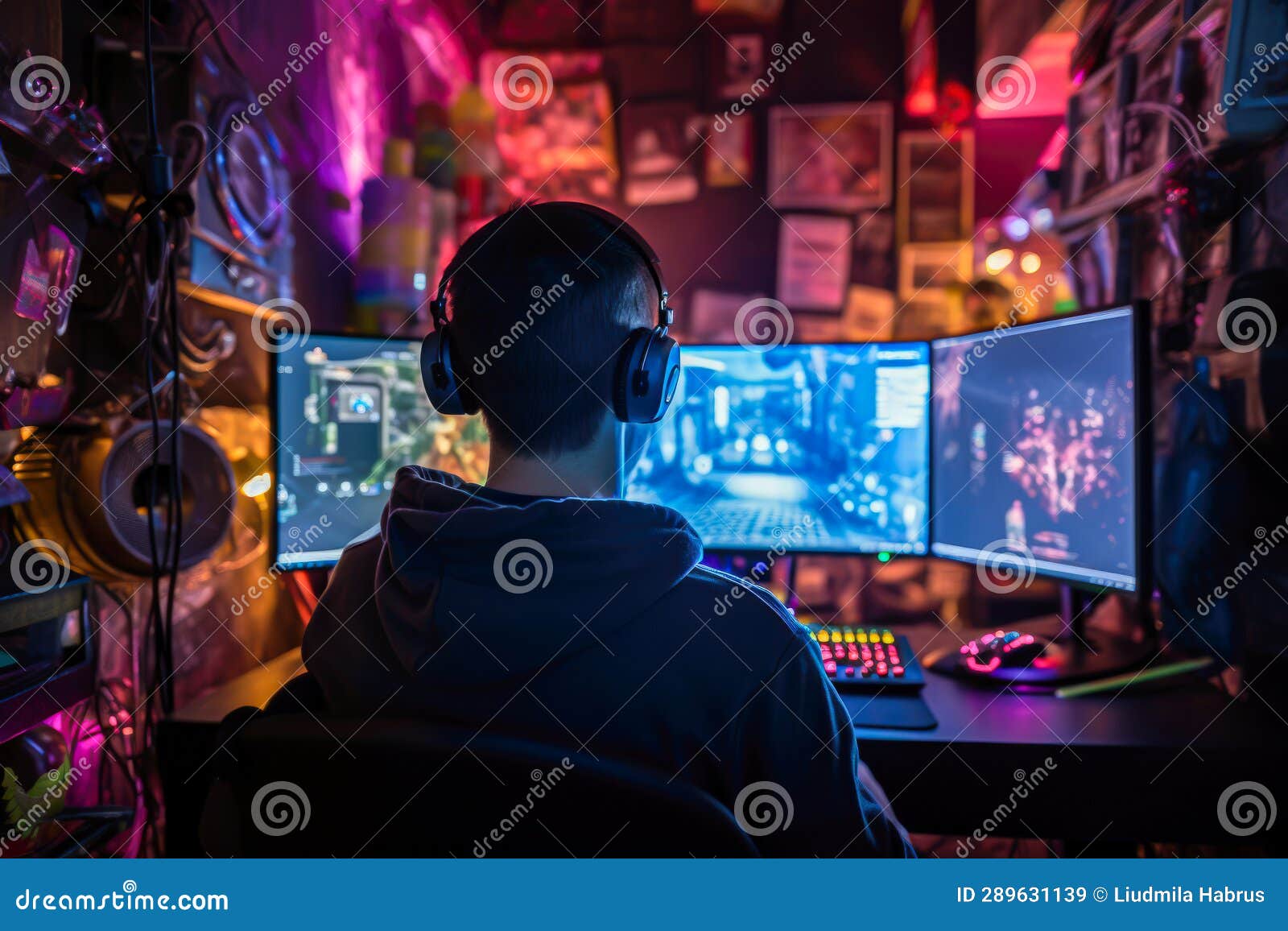 Back View of a Young Man Playing Video Games in a Nightclub. Stock ...