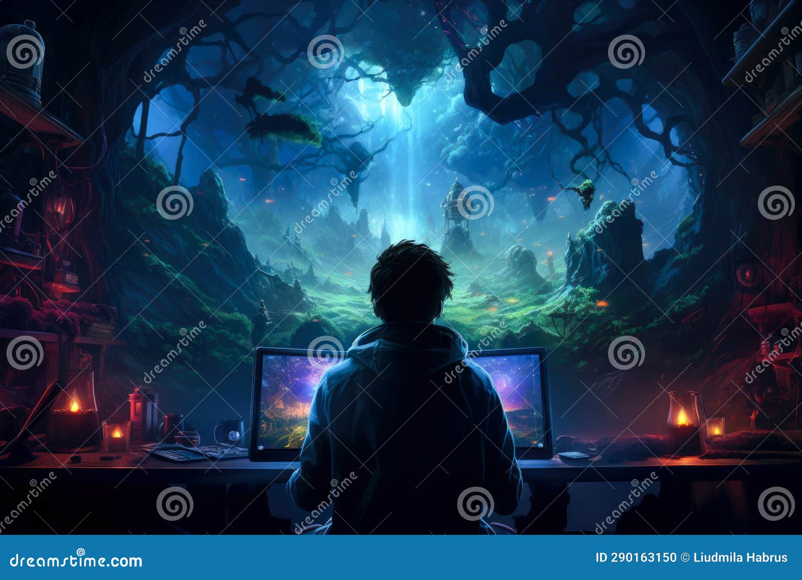 Back View of a Young Man Playing Video Games in a Nightclub. Stock ...