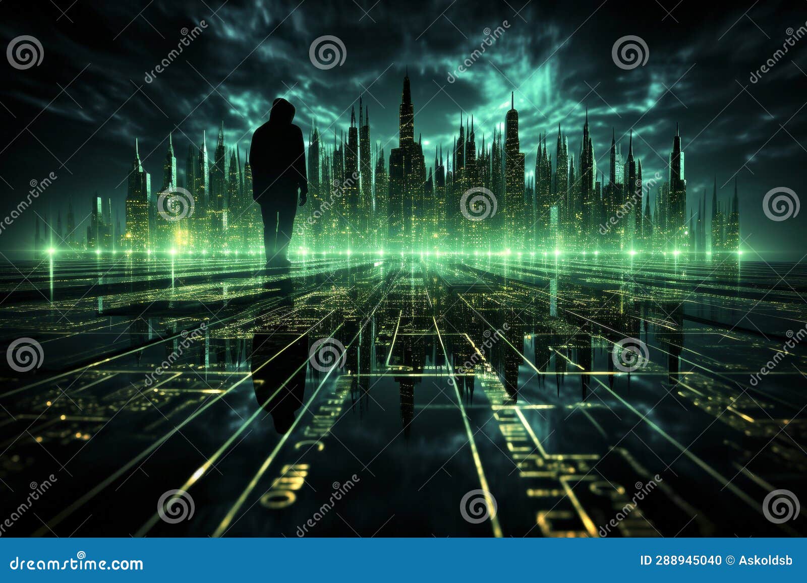 Back View of Businessman Standing with Back in Front of Futuristic ...