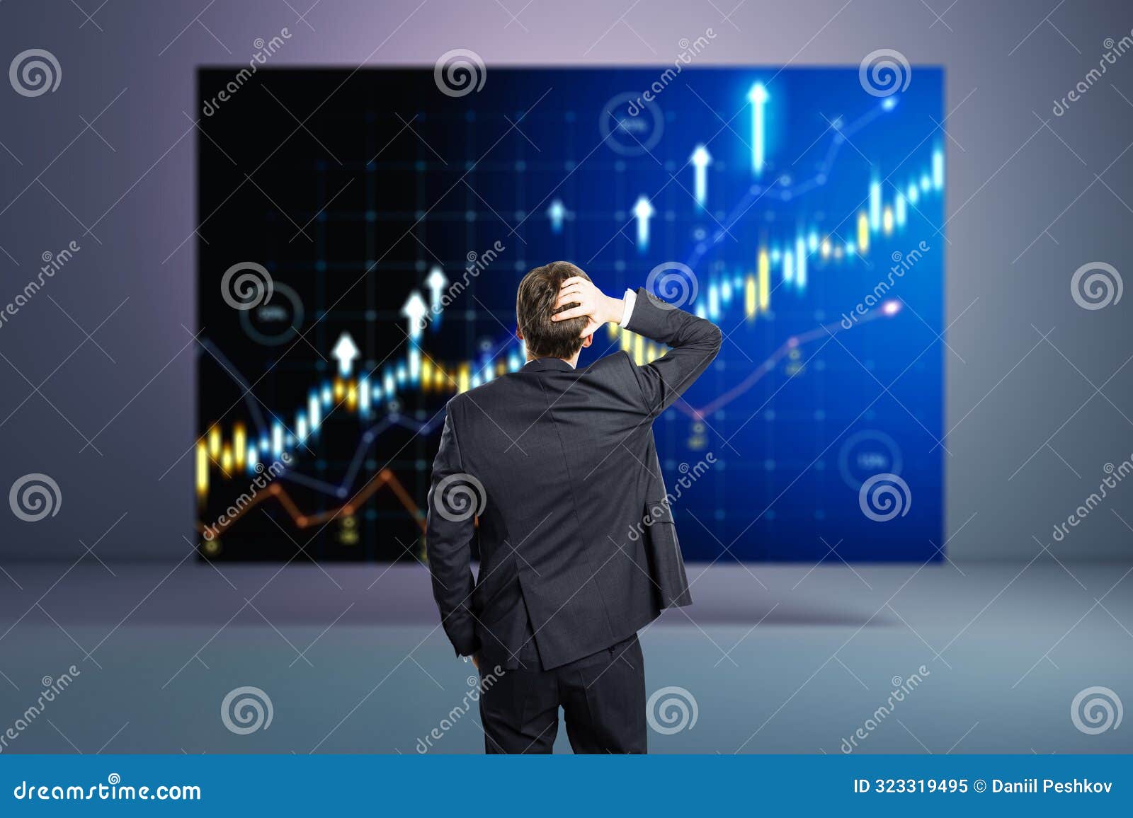 Back View of Man Standing in Interior with Blue Forex Chart on Screen ...