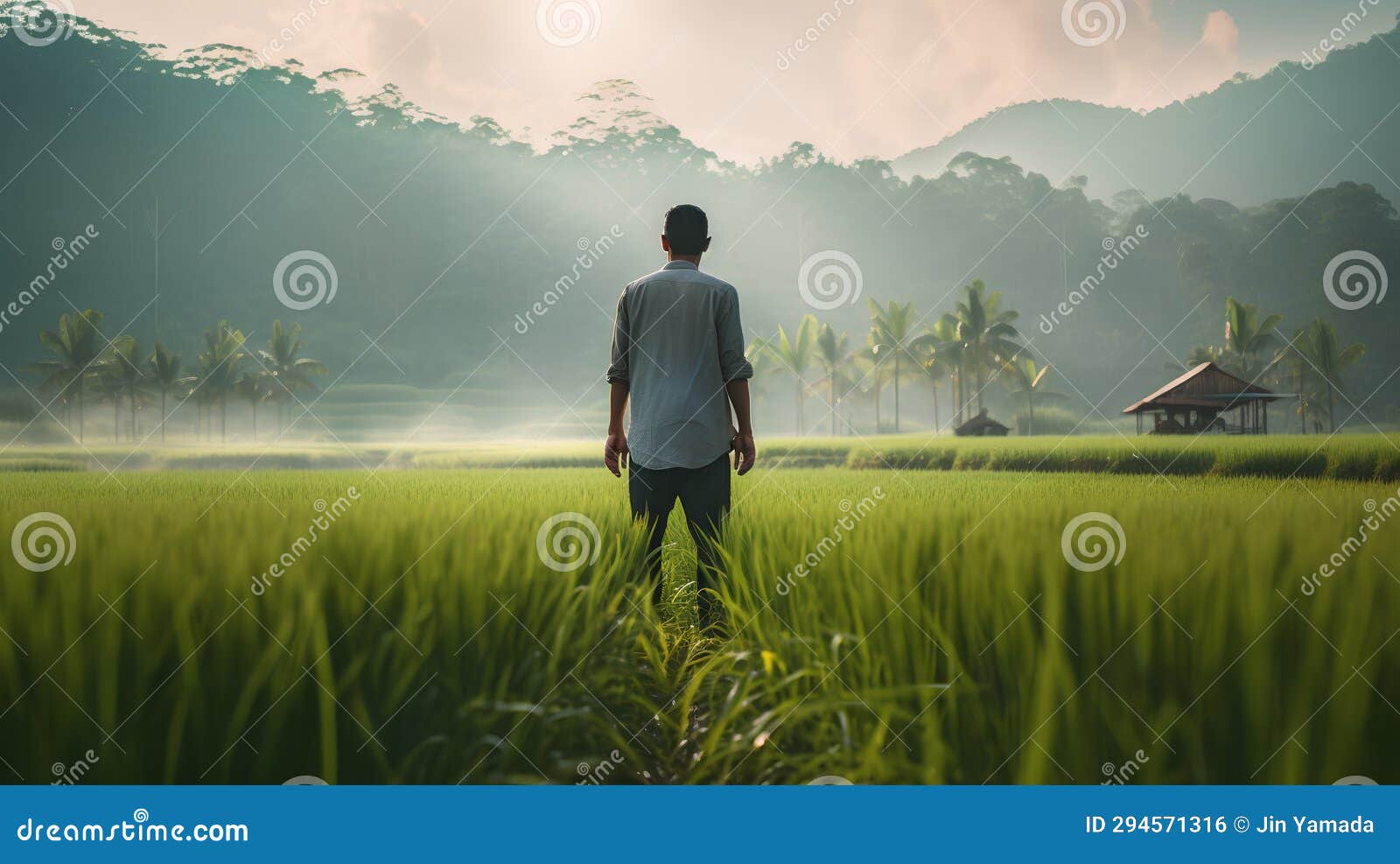 Back View of Young Man Standing in Rice Field and Looking at Sunrise ...
