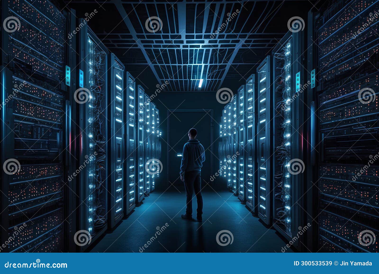 Back View of Young Man Standing in Server Room and Looking at Blue ...