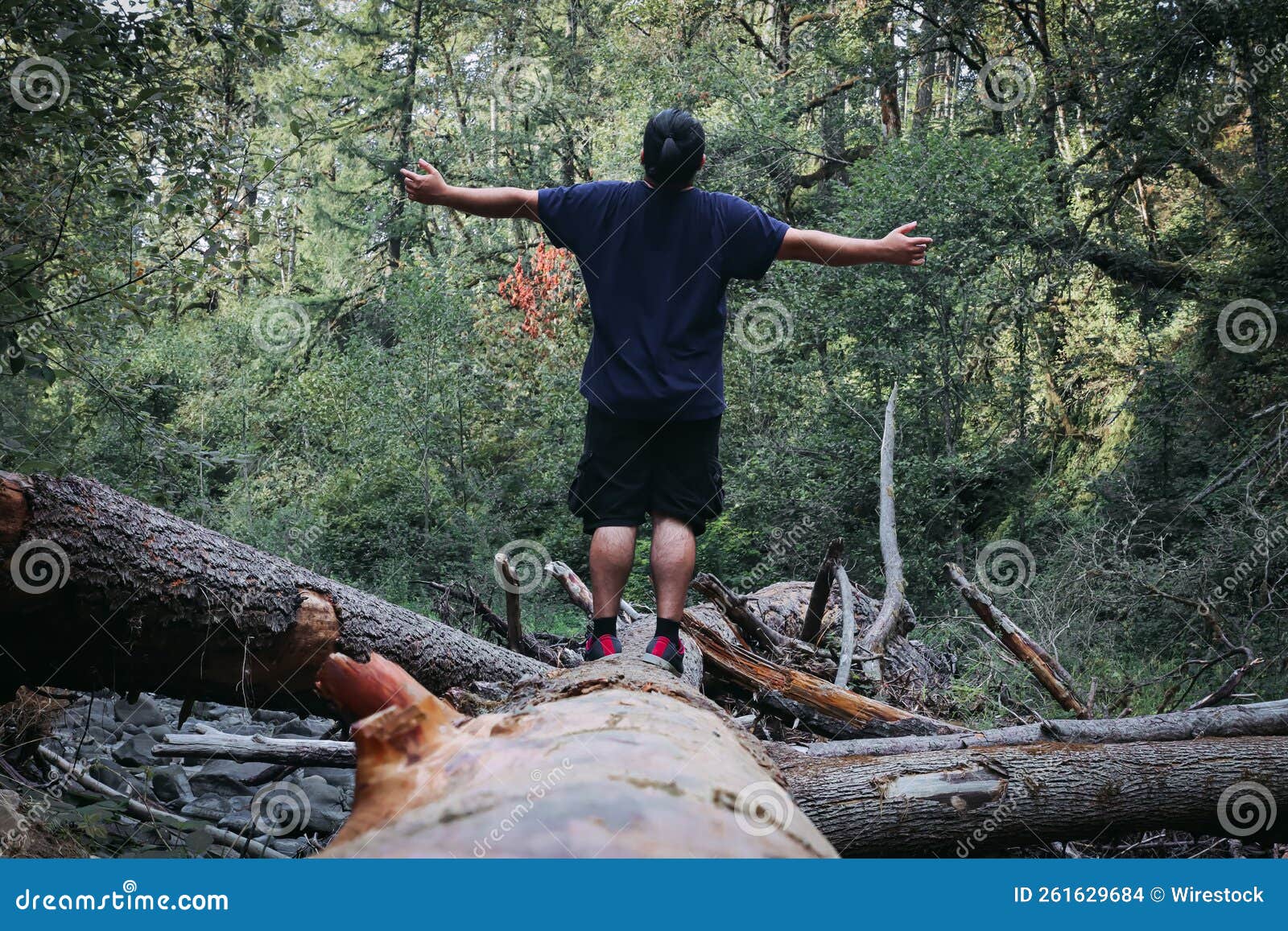 Back View of Young Man with Stretched Arms Standing on Fallen Tree Log ...
