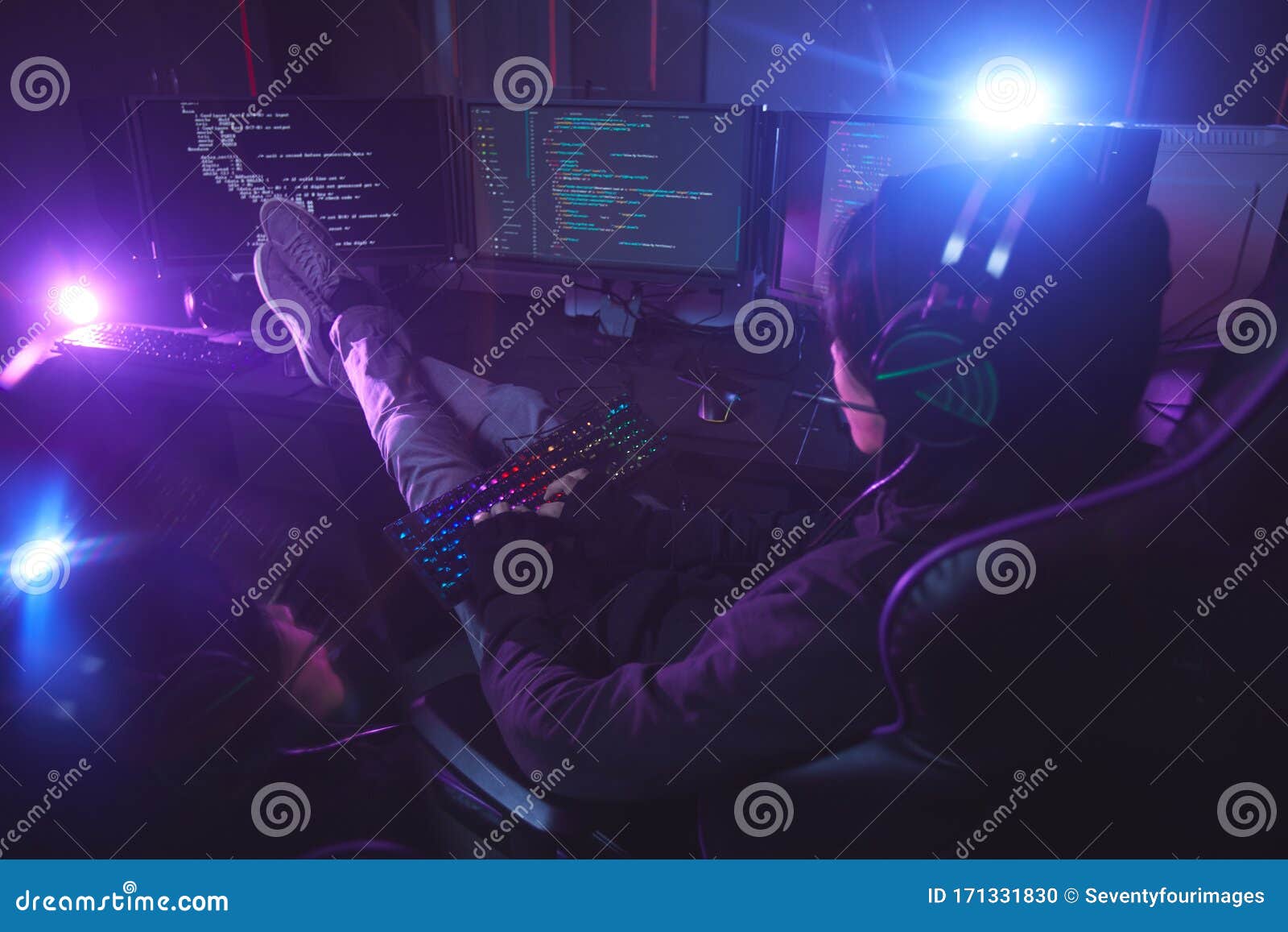 Computer Programmer Working in Dark Stock Photo - Image of asian ...