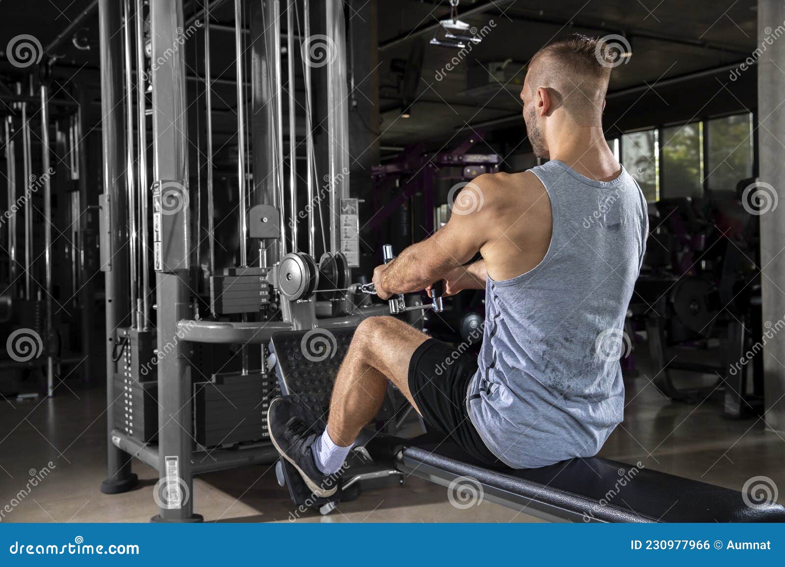 Back View of a Young Man Trains the Muscles of the Shoulder Girdle and ...
