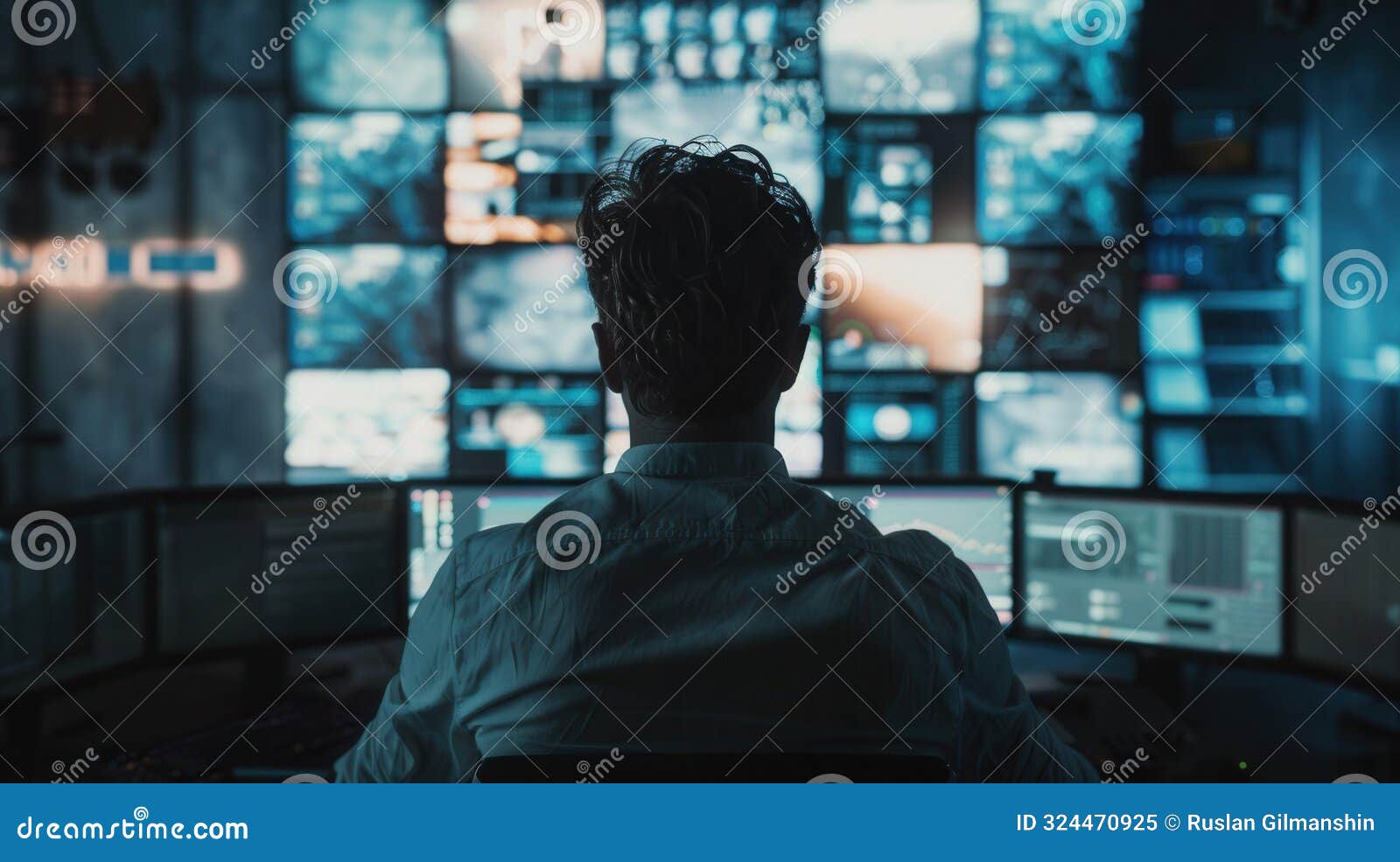 Back View of Young Man with Watching Surveillance Footage and Map on ...