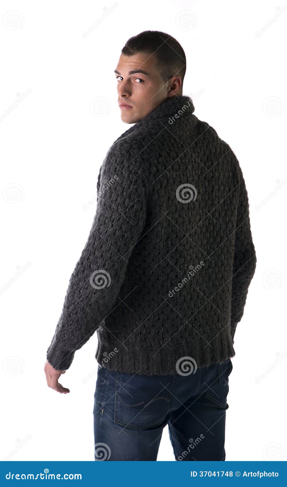 Back View of Young Man with Wool Sweater and Jeans Stock Photo - Image ...