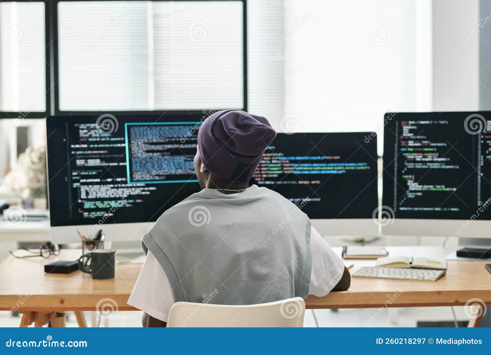 Back View of Young Software Developer Sitting in Front of Three ... Back View of Young Software Developer Sitting in Front of Three ...