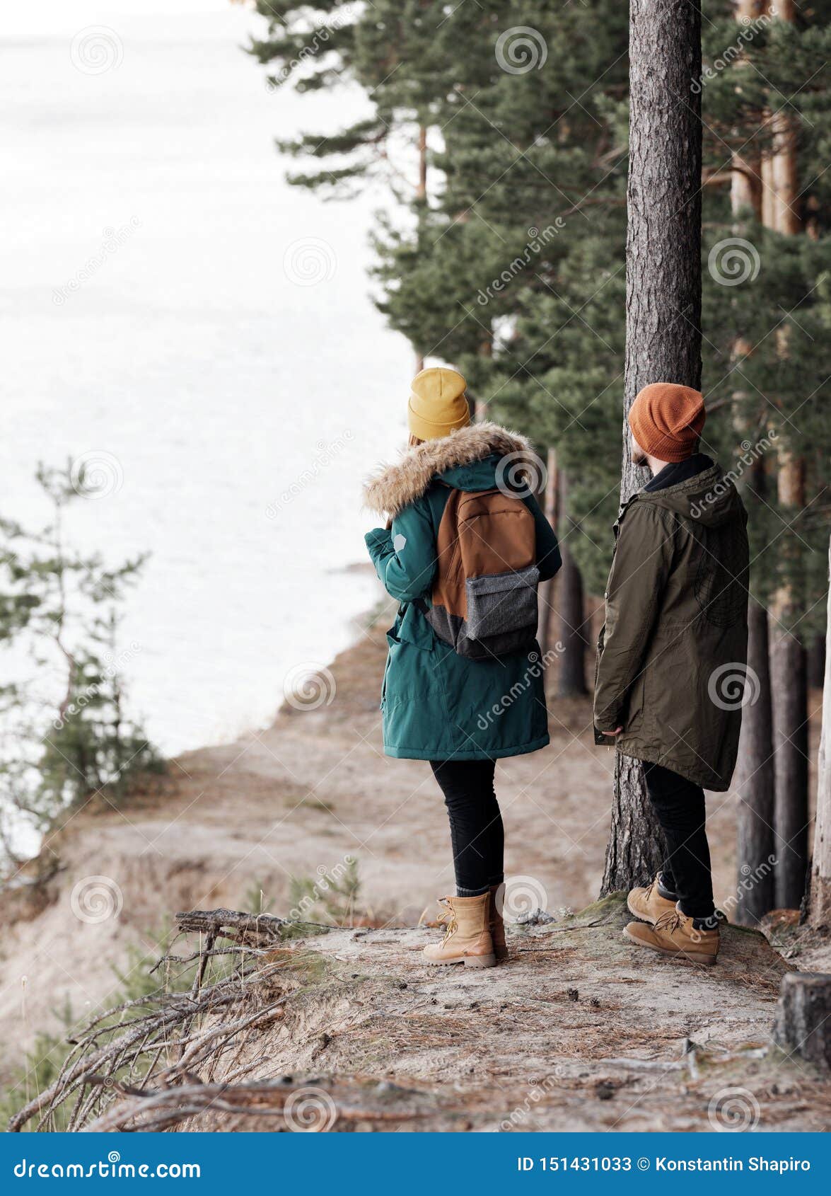 Young People Standing on Cliff Near Forest Stock Image - Image of ...