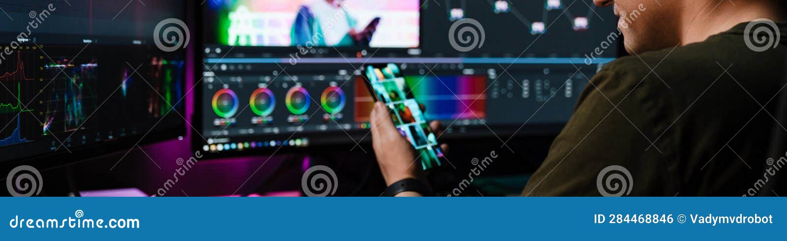Back View of a Young White Man Video Editor Stock Photo - Image of ...