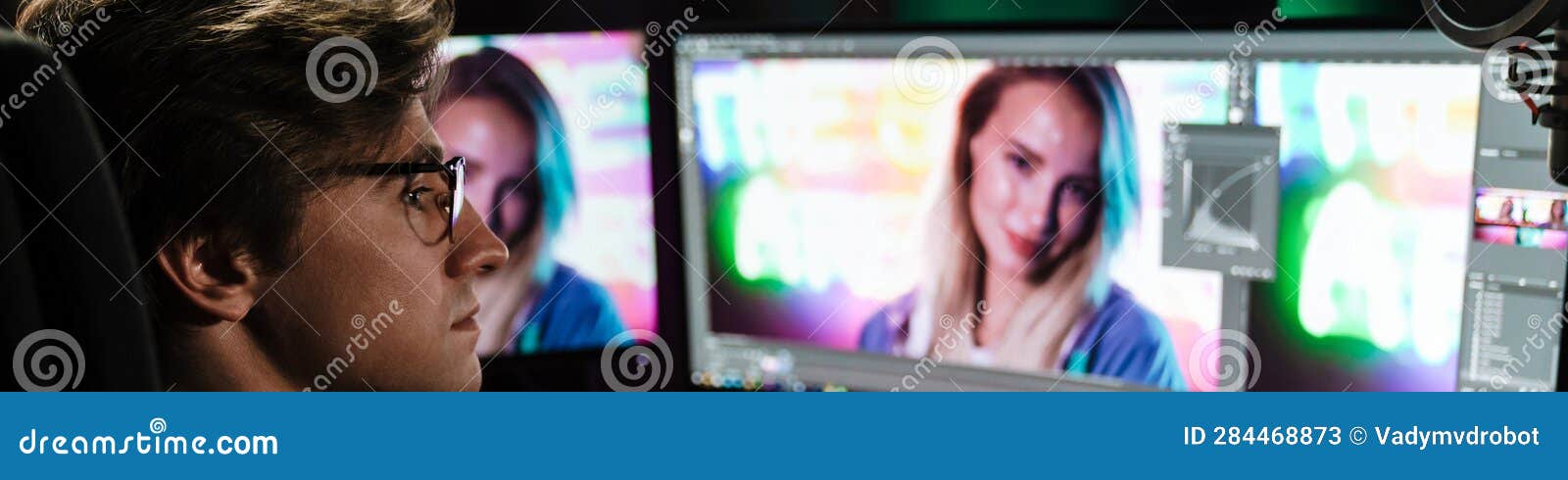 Back View of a Young White Man Video Editor Stock Image - Image of ...