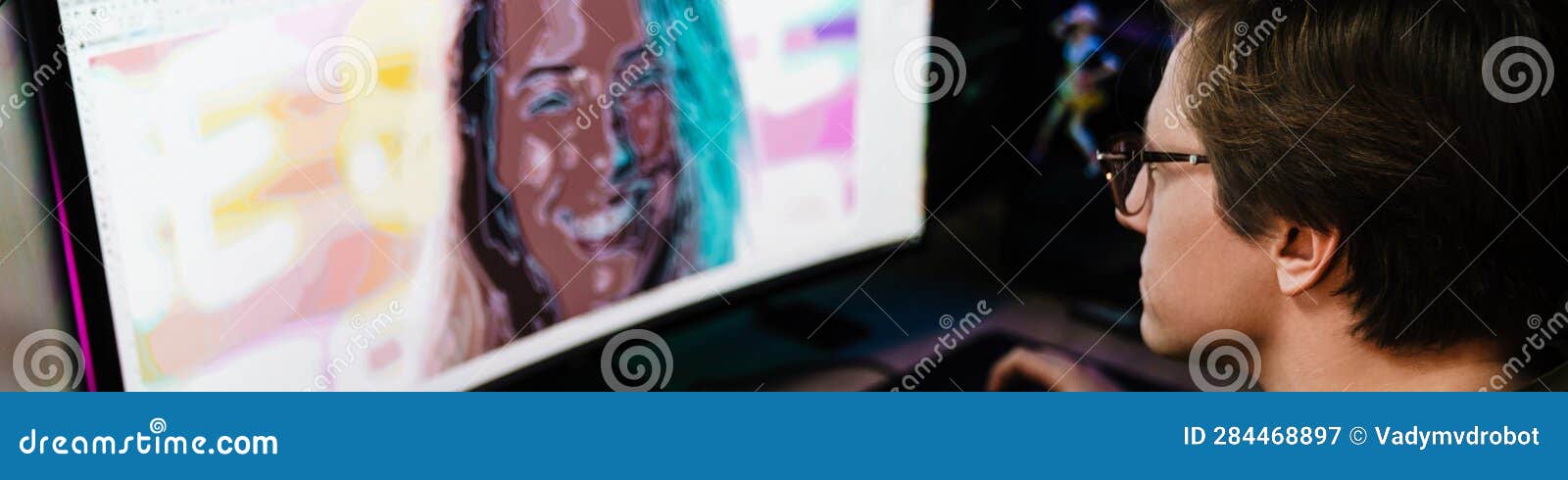 Back View of a Young White Man Video Editor Stock Image - Image of view ...