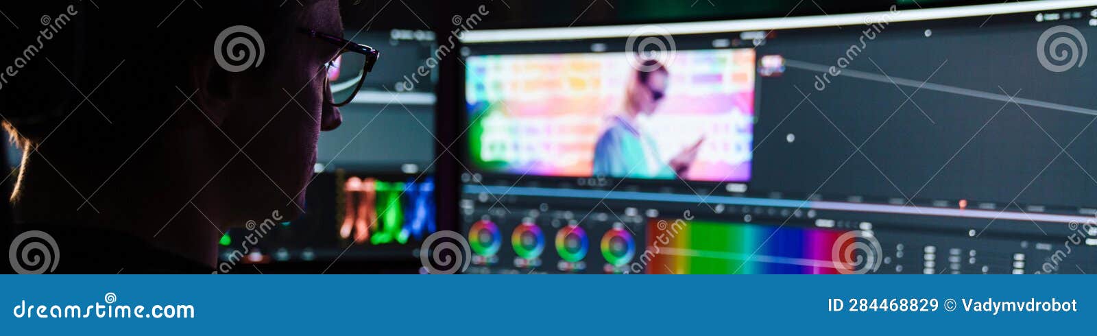 Back View of a Young White Man Video Editor Stock Image - Image of ...
