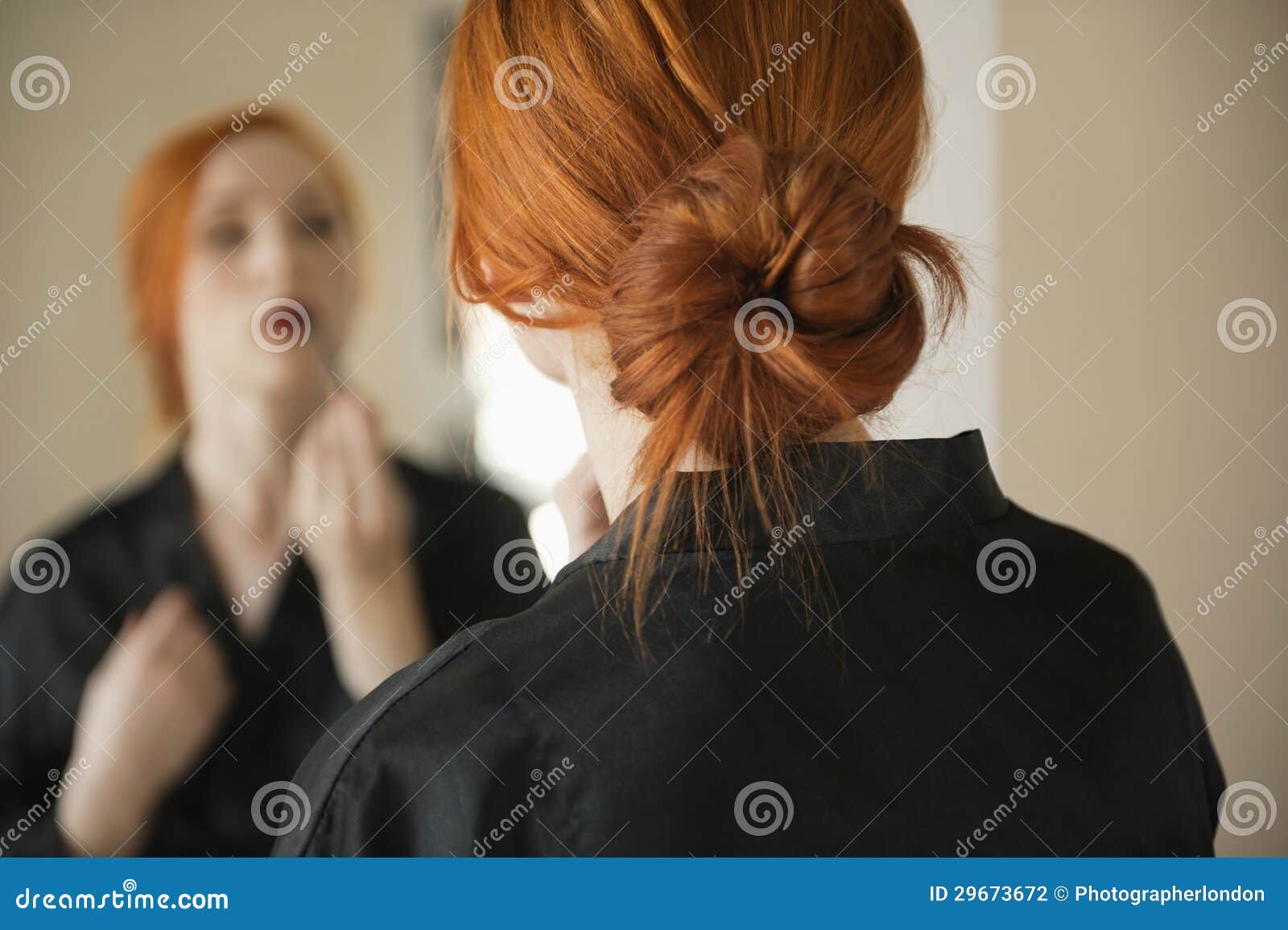 Back View of Young Woman Applying Makeup Stock Photo - Image of indoors ...