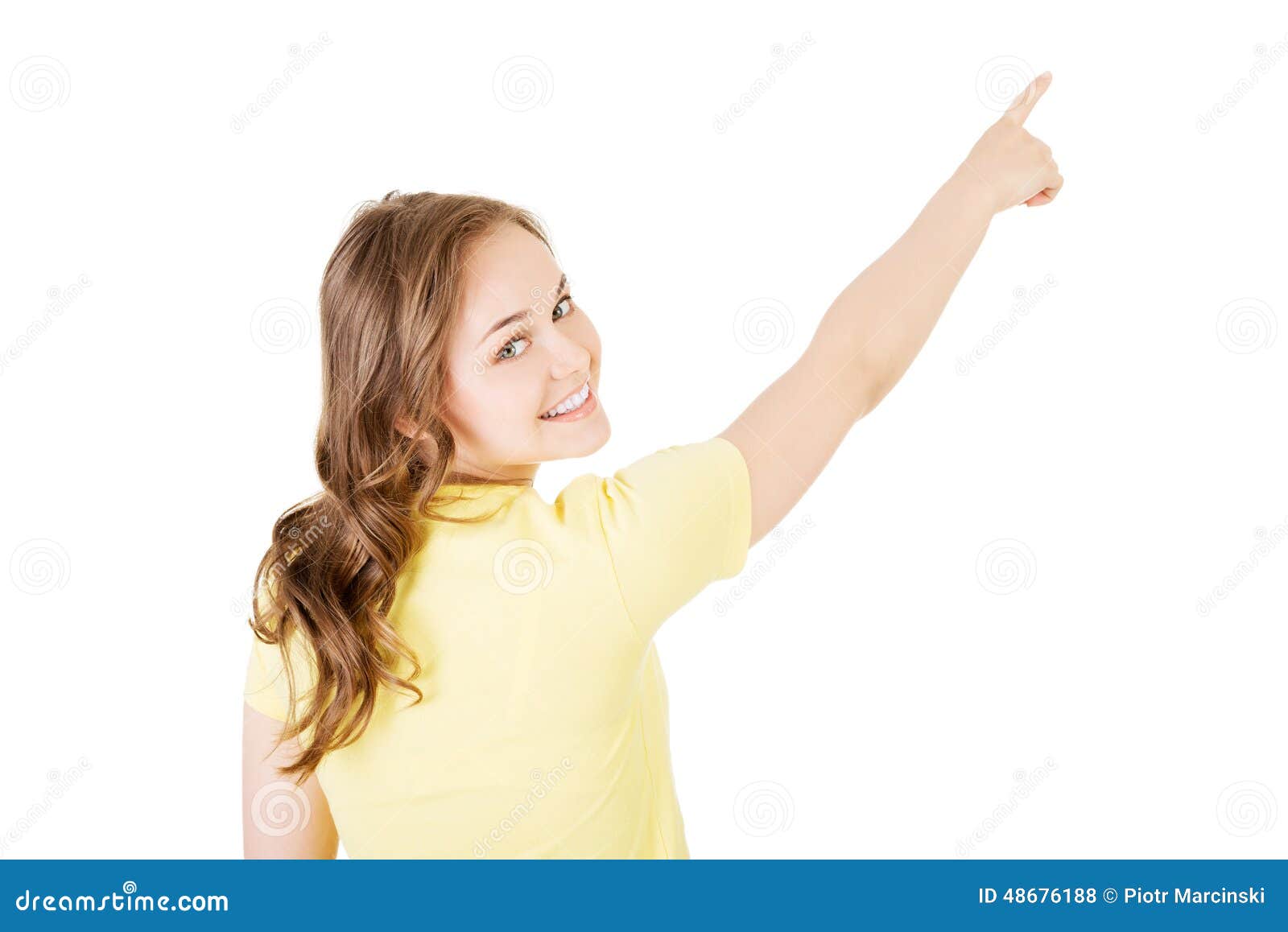 Back View Young Woman Pointing Up To the Corner Stock Photo - Image of ...