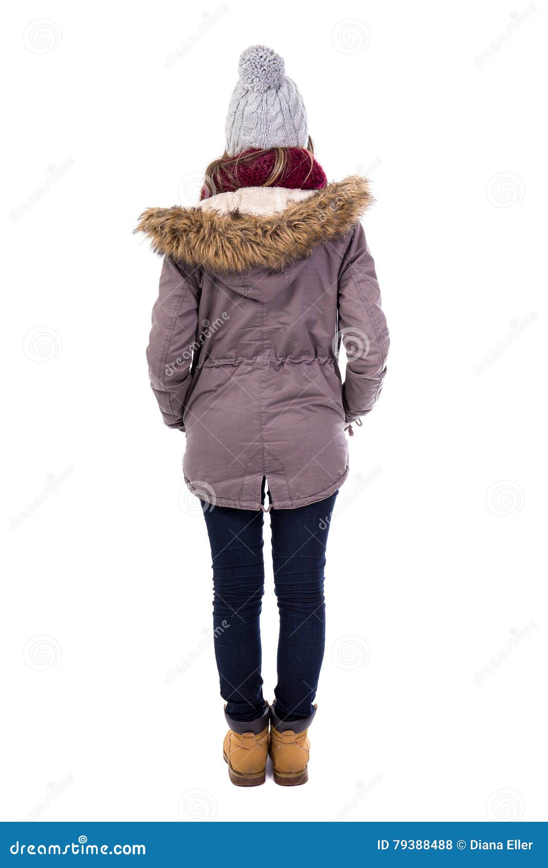Back View of Young Woman in Winter Clothes Isolated on White Stock ...