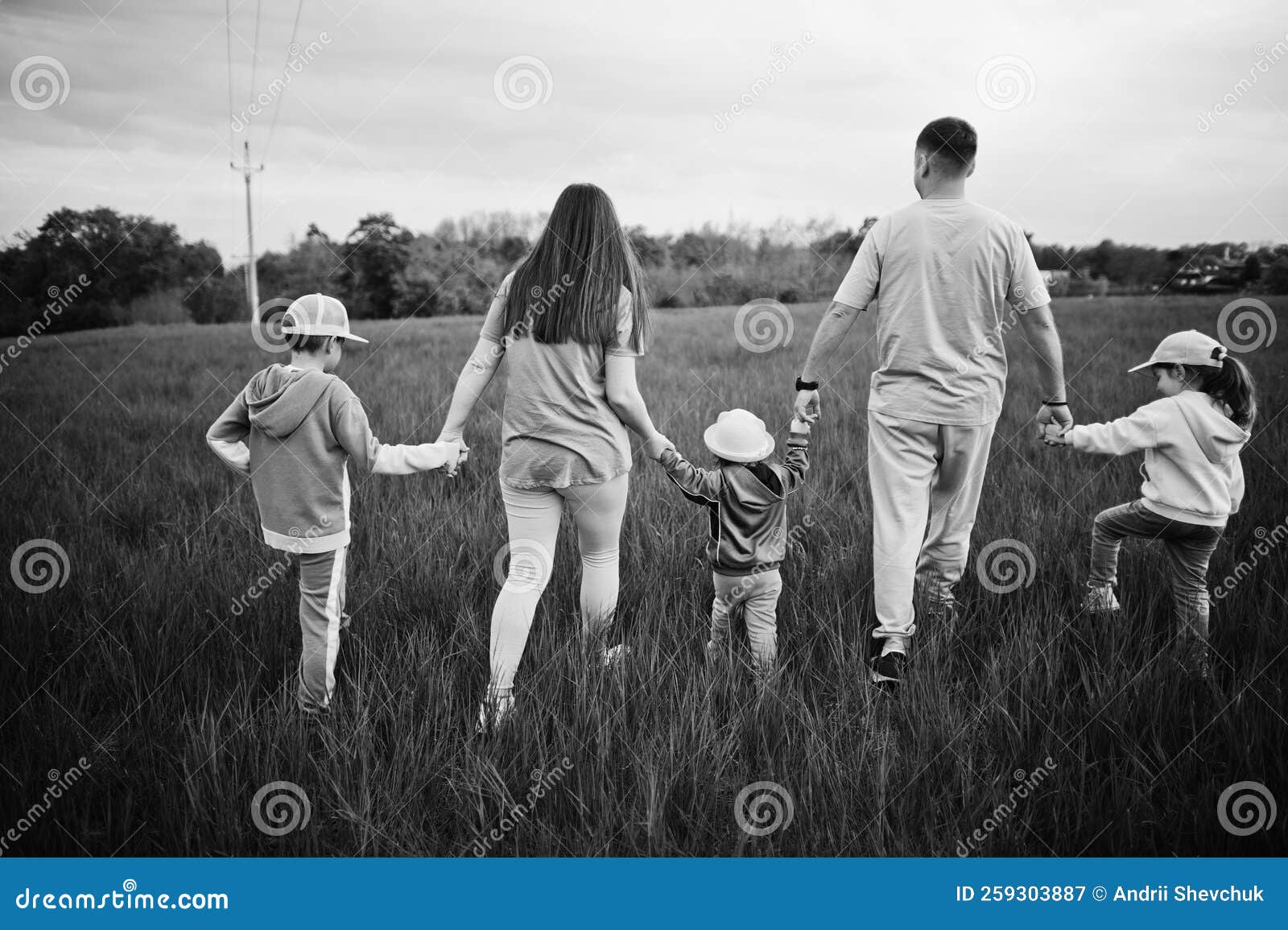 Back of Walking Parents with Three Kids Having Fun Together at Meadow ...