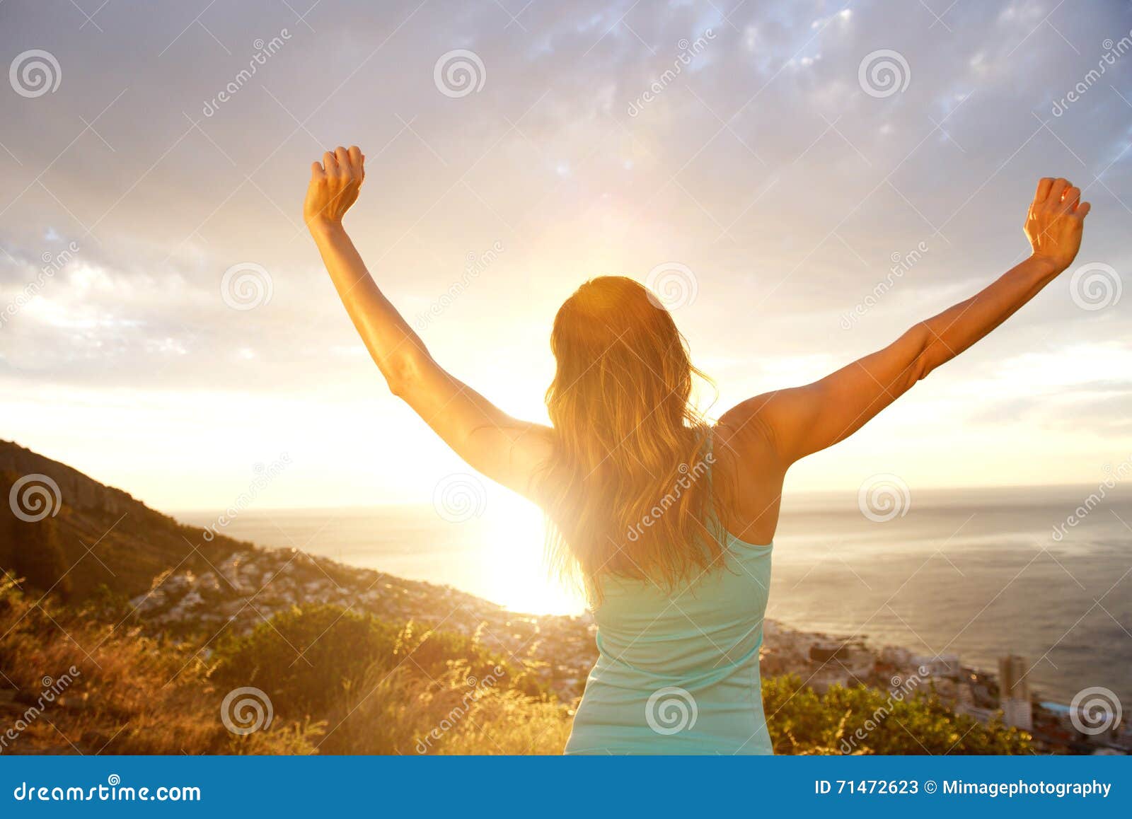 Back of Woman with Arms Outstretched during Sunset Stock Image - Image ...