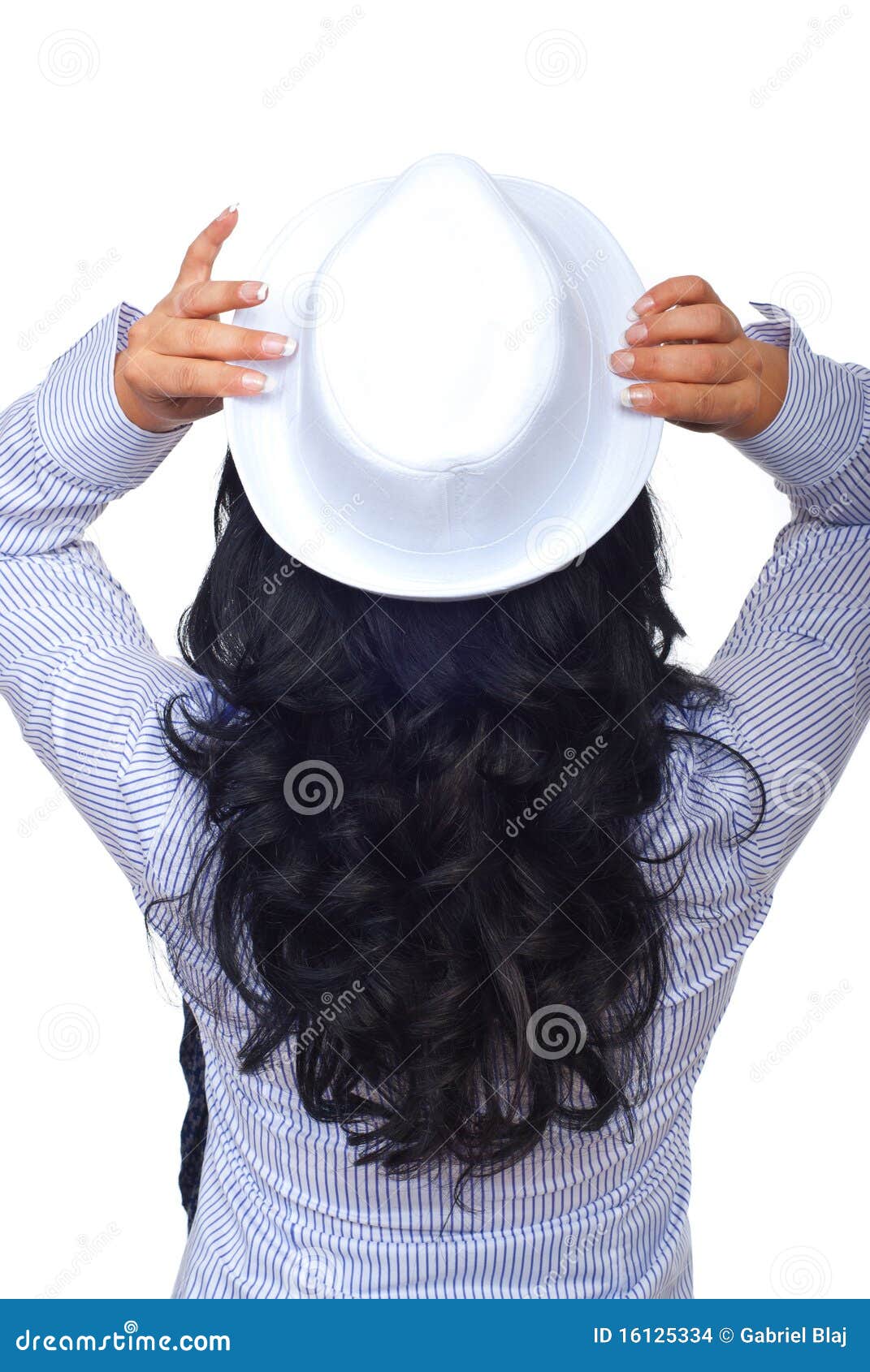 Back of Woman with Curly Hair and Hat Stock Photo - Image of back, puts ...