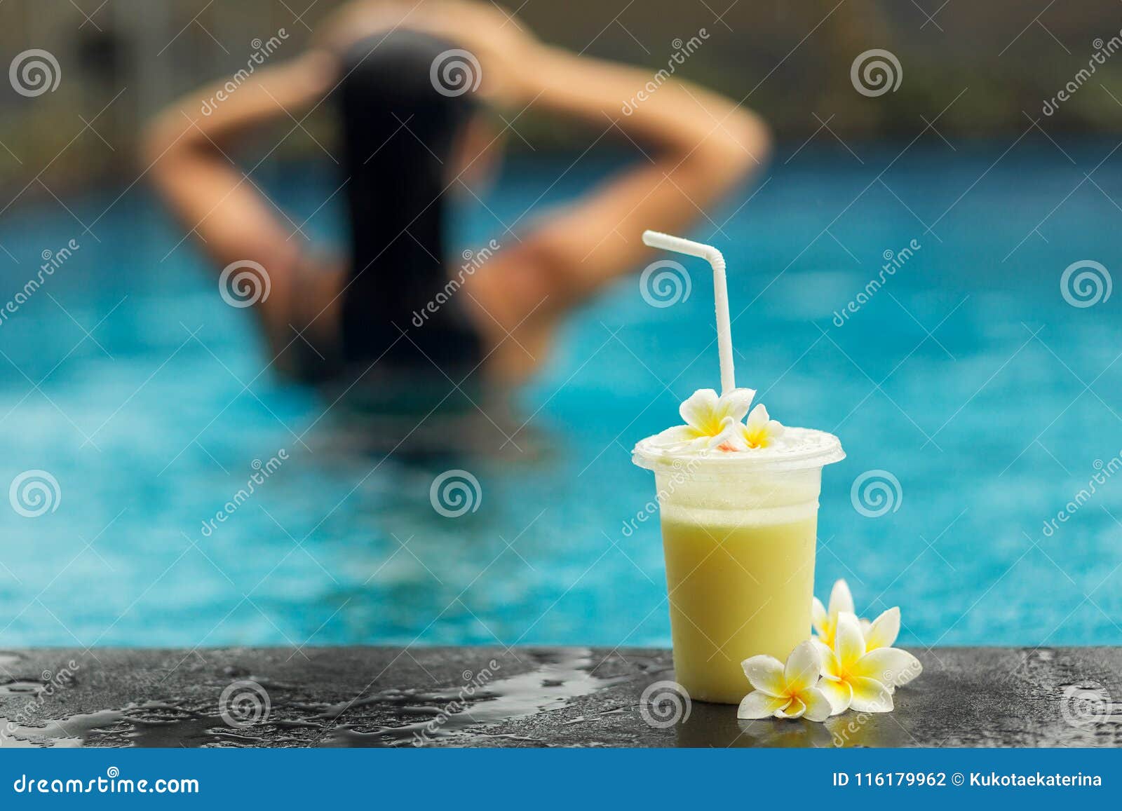 Back of Woman with Fuit Shake in Pool Stock Photo - Image of rest ...