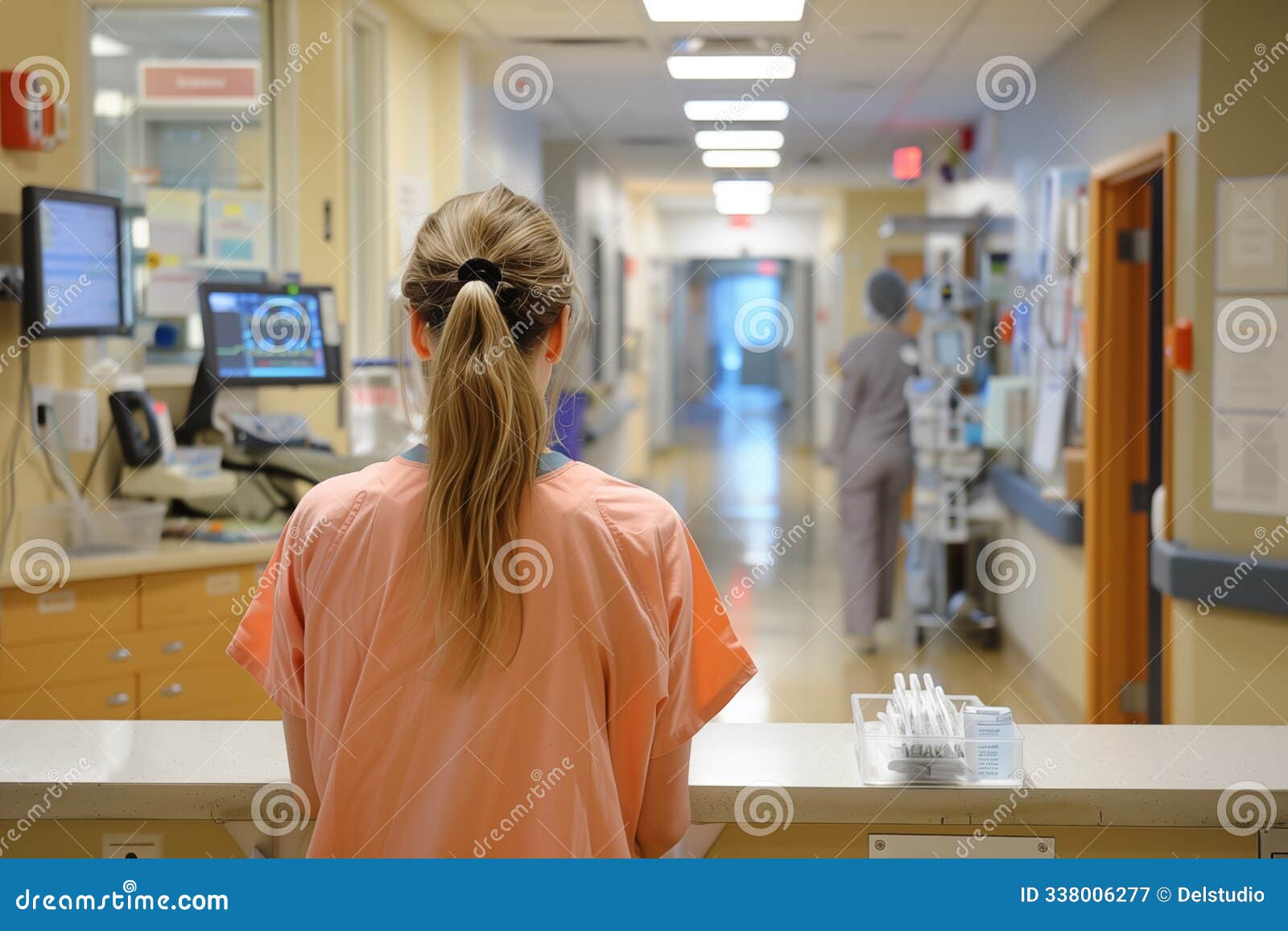 Back of a Young Nurse or Receptionist Working at Hospital Counter ...
