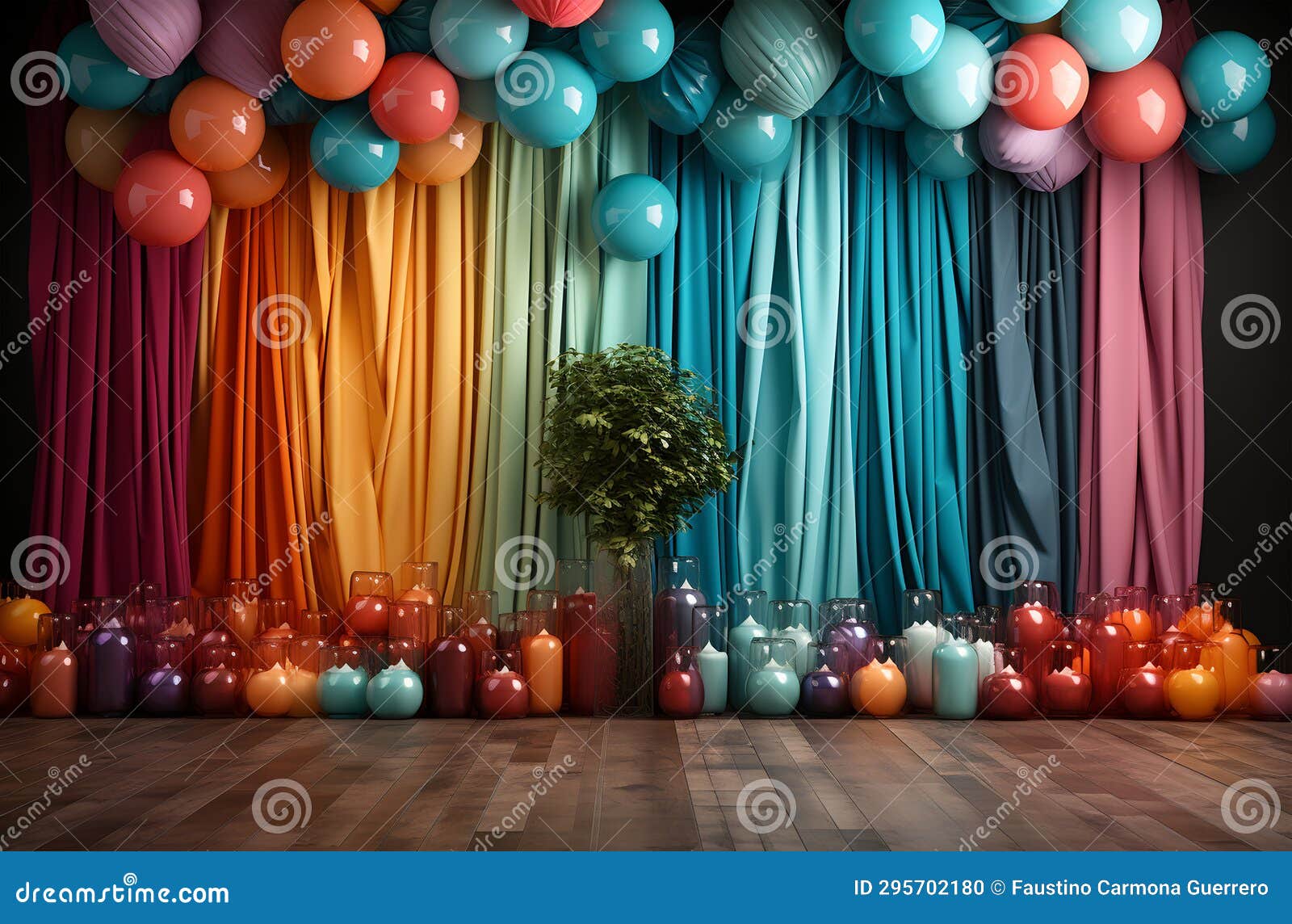 Backdrop. Colored Balloons in the Backdrop of the Curtain. 3d Rendering ...
