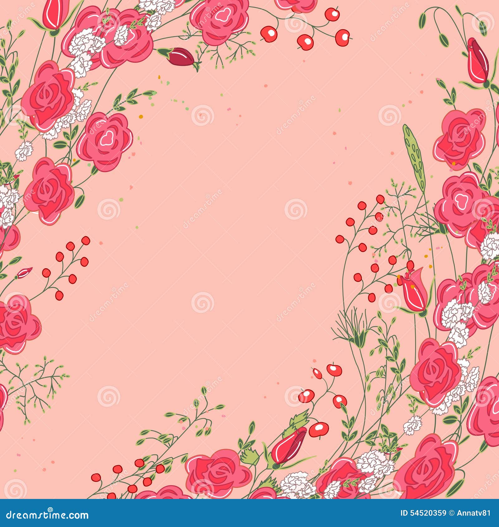 Backdrop with Roses and Herbs. Red and Pink Color. Stock Illustration ...