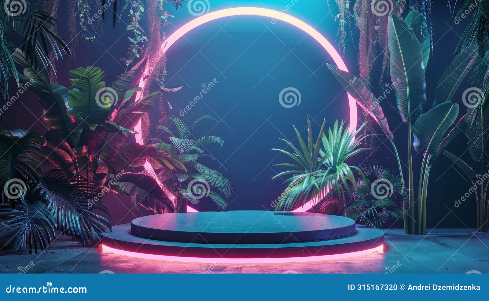 Backdrop For Summer Podium With Tropical Leaves And Neon Lights. 3D ...