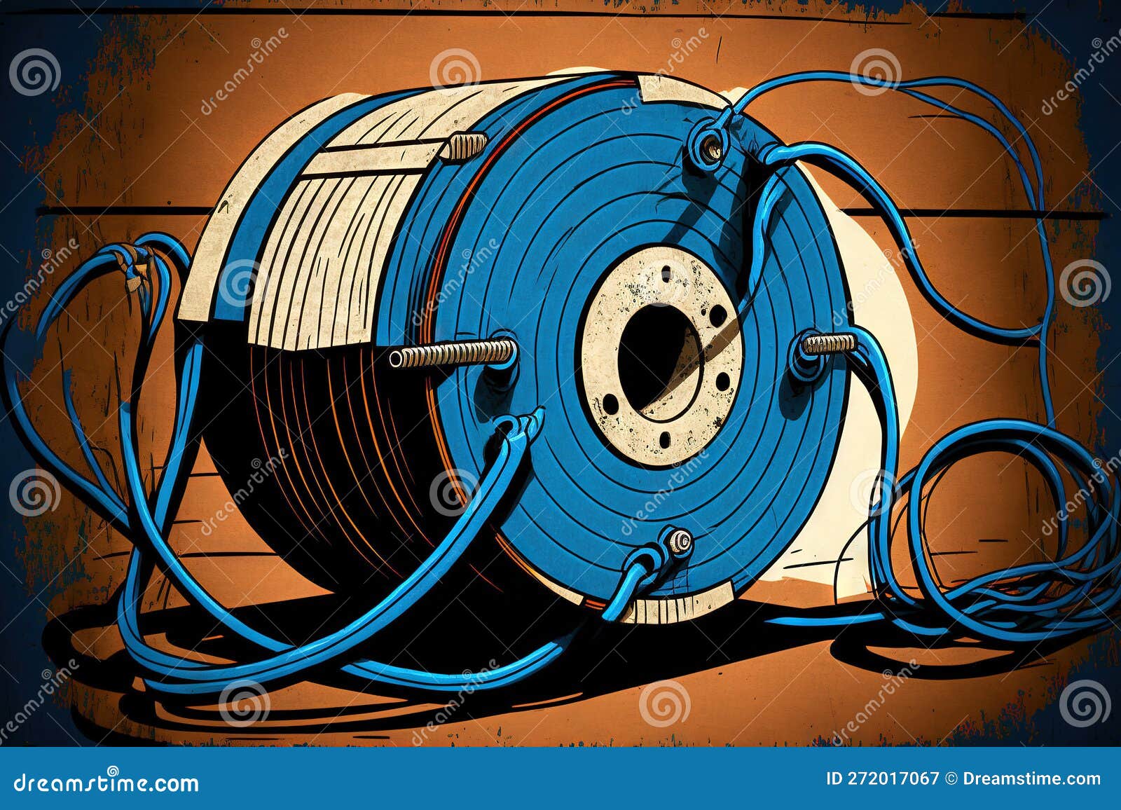 On a Backdrop of a Wooden Coil, a Fresh Blue Power Wire Being Woven ...