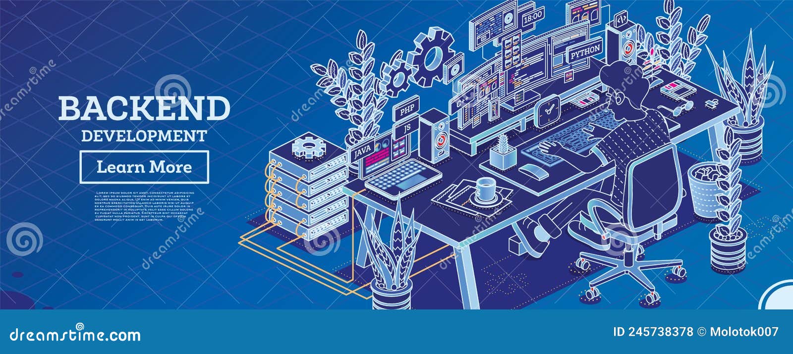 Backend Development On Computer Working Programmer Sit On Chair With Wheels In Front Of Curved