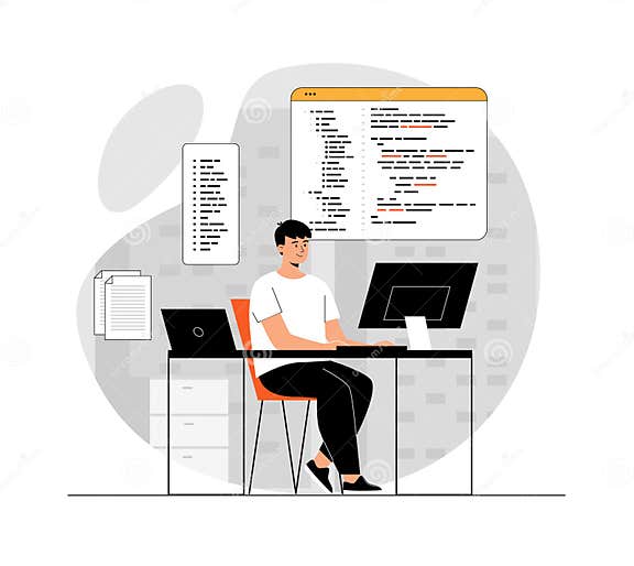 Backend Development Of Software And Programming Concept Man Web Developer Creating Program Code