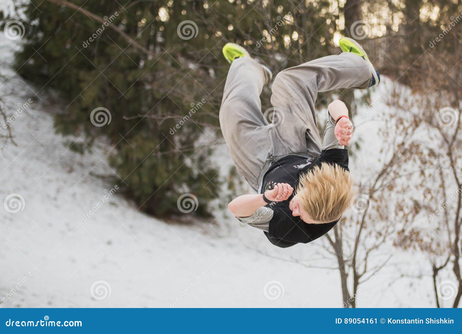 Backflip Parkour Jumping in Winter Snow Park - Free-run Training Stock ...