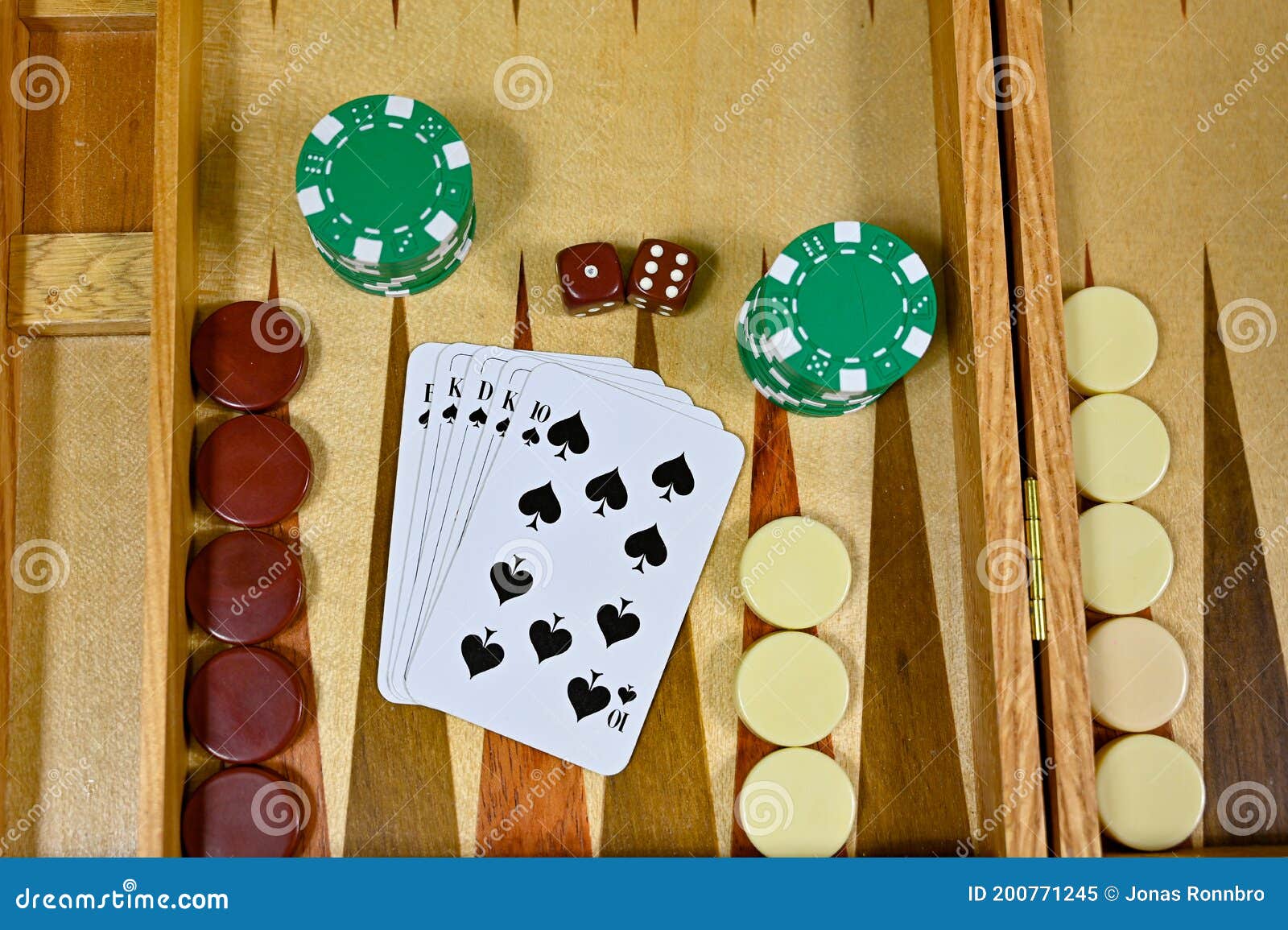 Backgammon Board with Game Pieces Cards and Dices Stock Image - Image ...