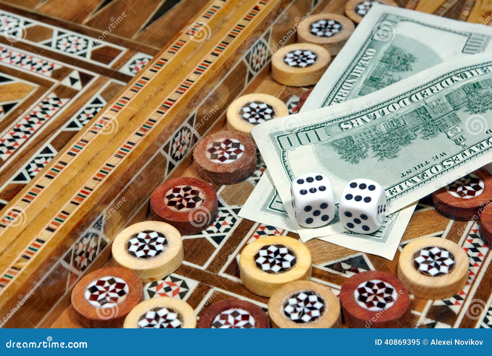 Backgammon Board, Two Hundred Dollar and Two Dice Stock Image - Image ...