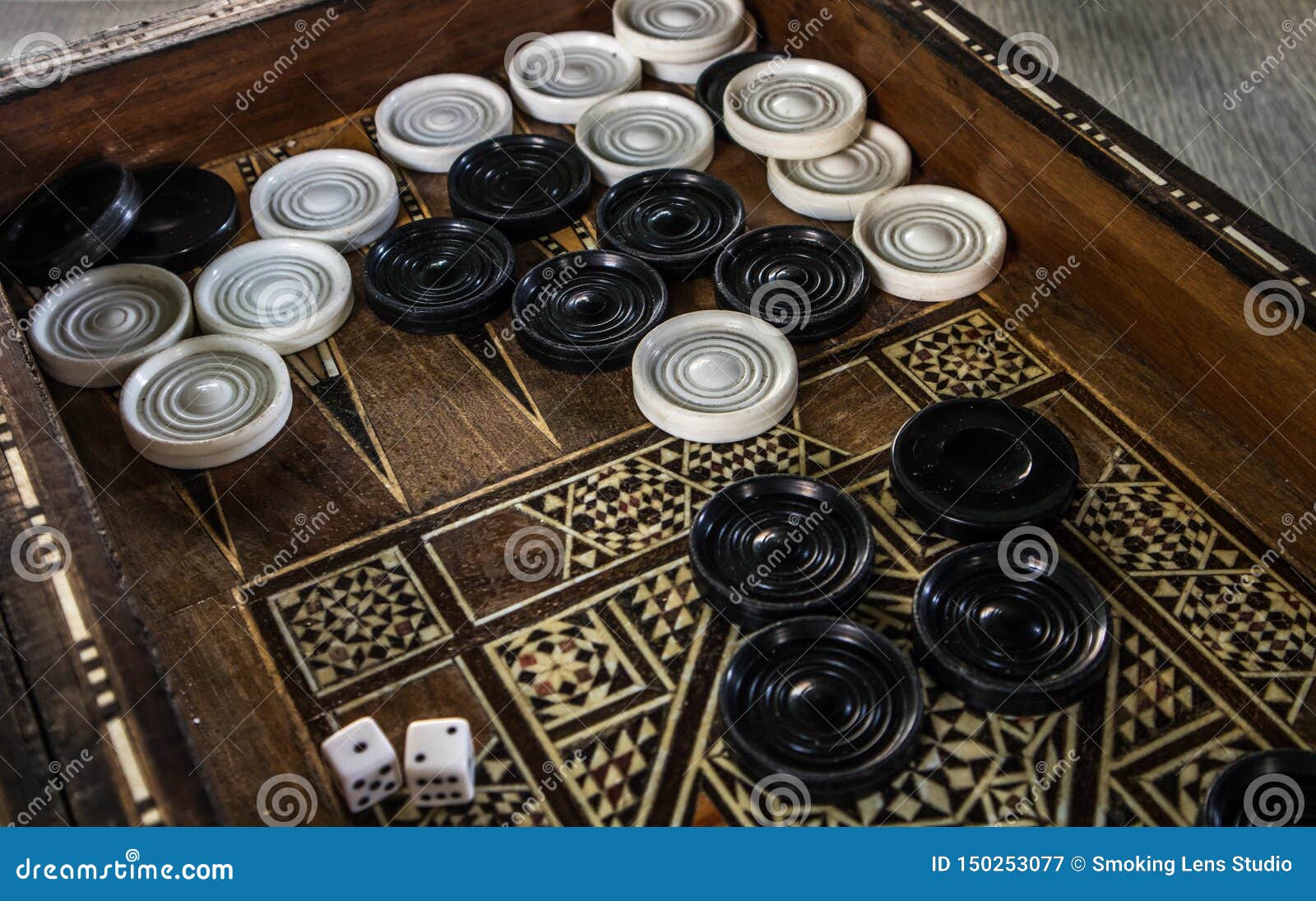 Backgammon with Checkers and Dice, Closeup Stock Image - Image of macro ...