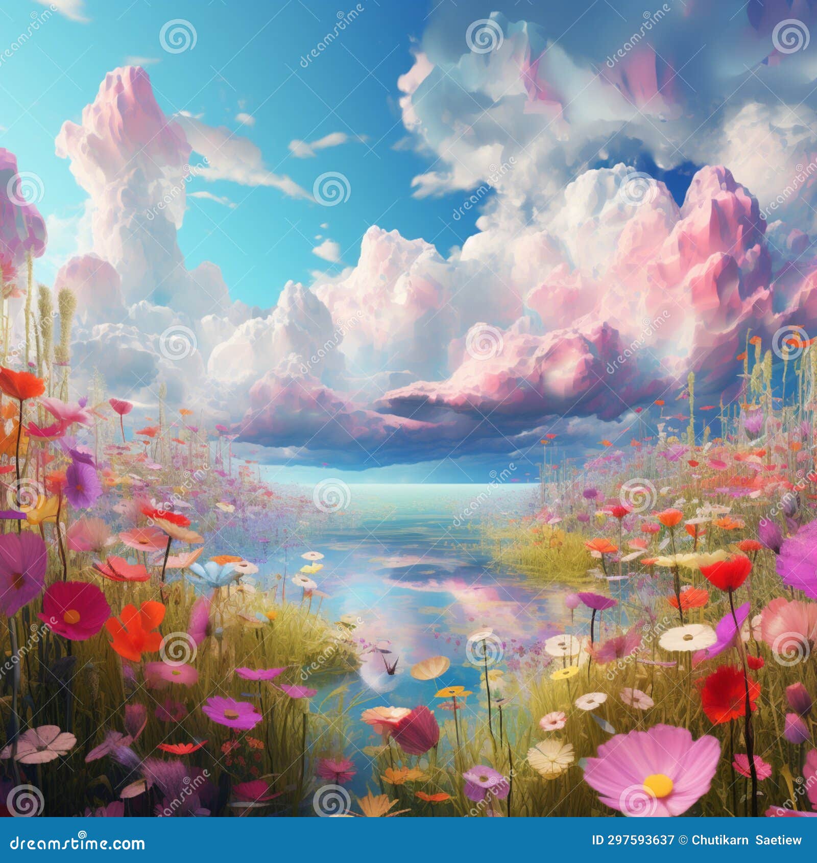 Colourful Dreamy Like Heaven Sky with Flowers, AIGENERATED Stock ...