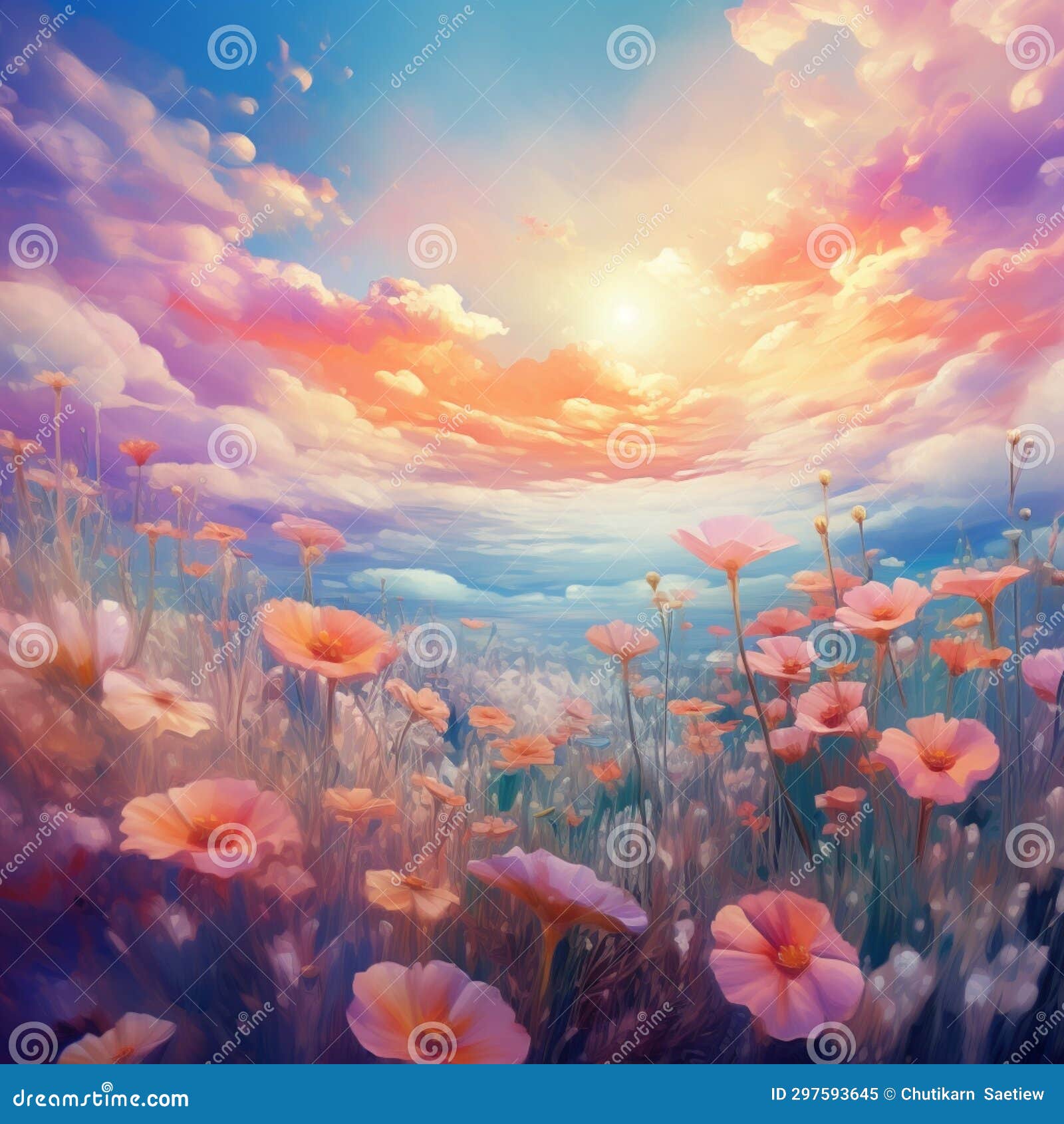 Colourful Dreamy Like Heaven Sky with Flowers, AIGENERATED Stock ...