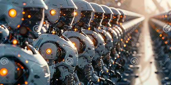 Background with an Army of Advanced Robots, Technologies, Representing ...