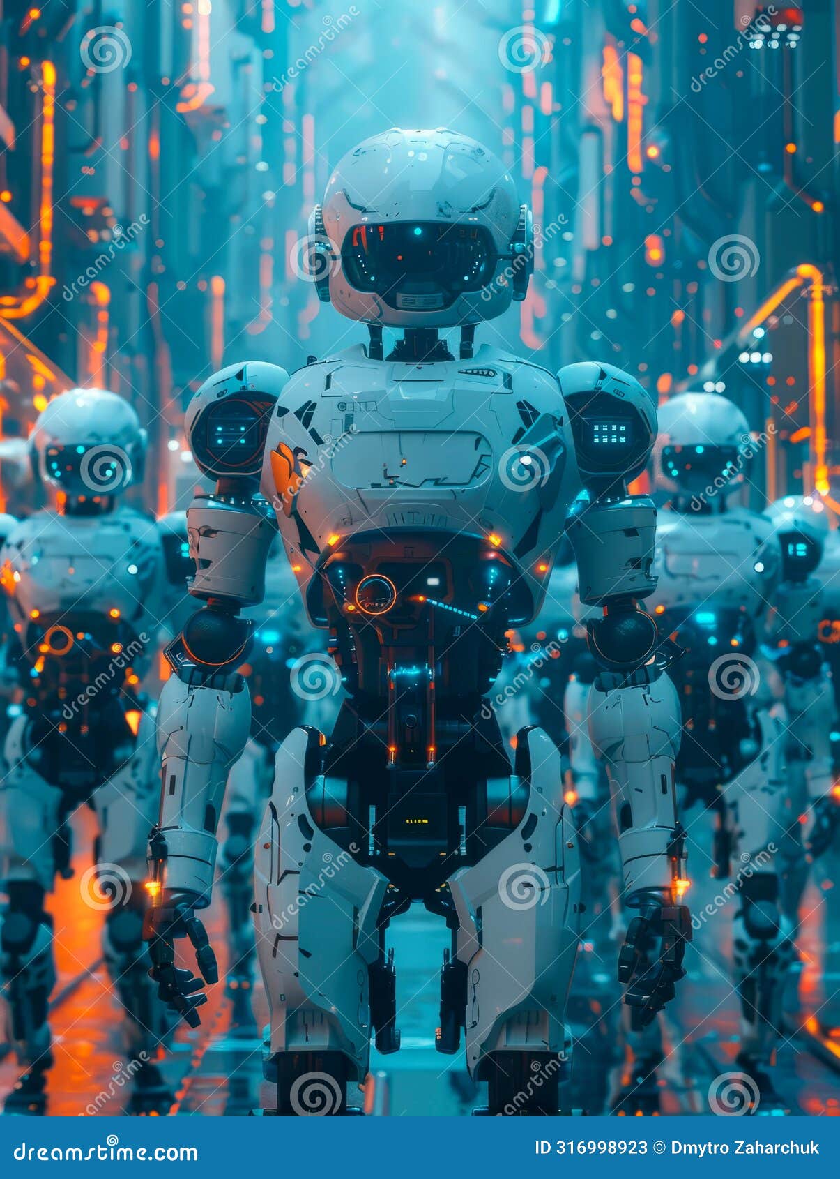 Background with an Army of Advanced Robots, Technologies, Representing ...