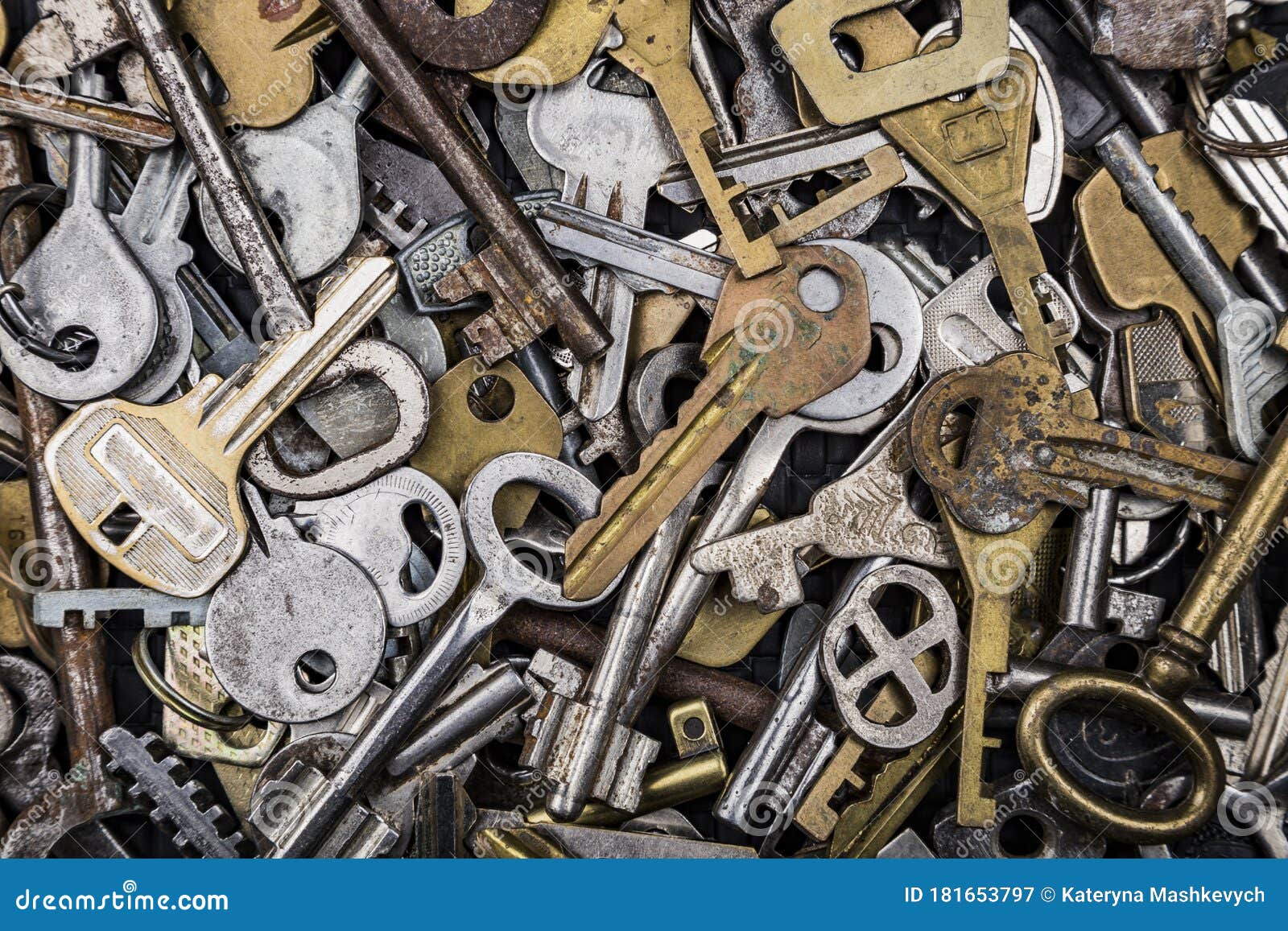 Background of Assorted Old Multi-colored Metal Antique Keys of ...