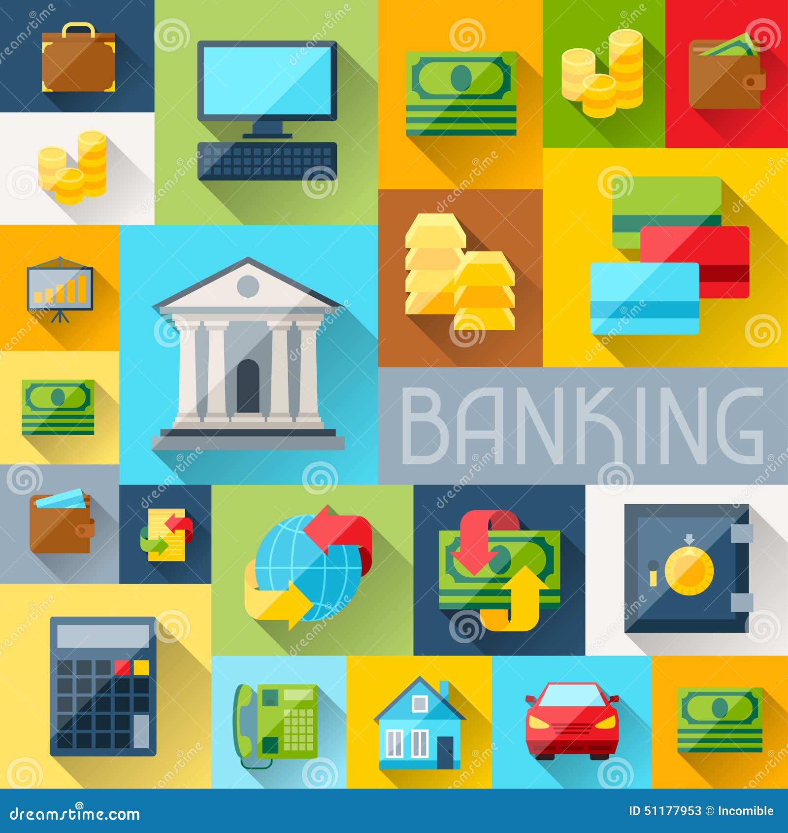 Background with Banking Icons in Flat Design Style Stock Vector ...