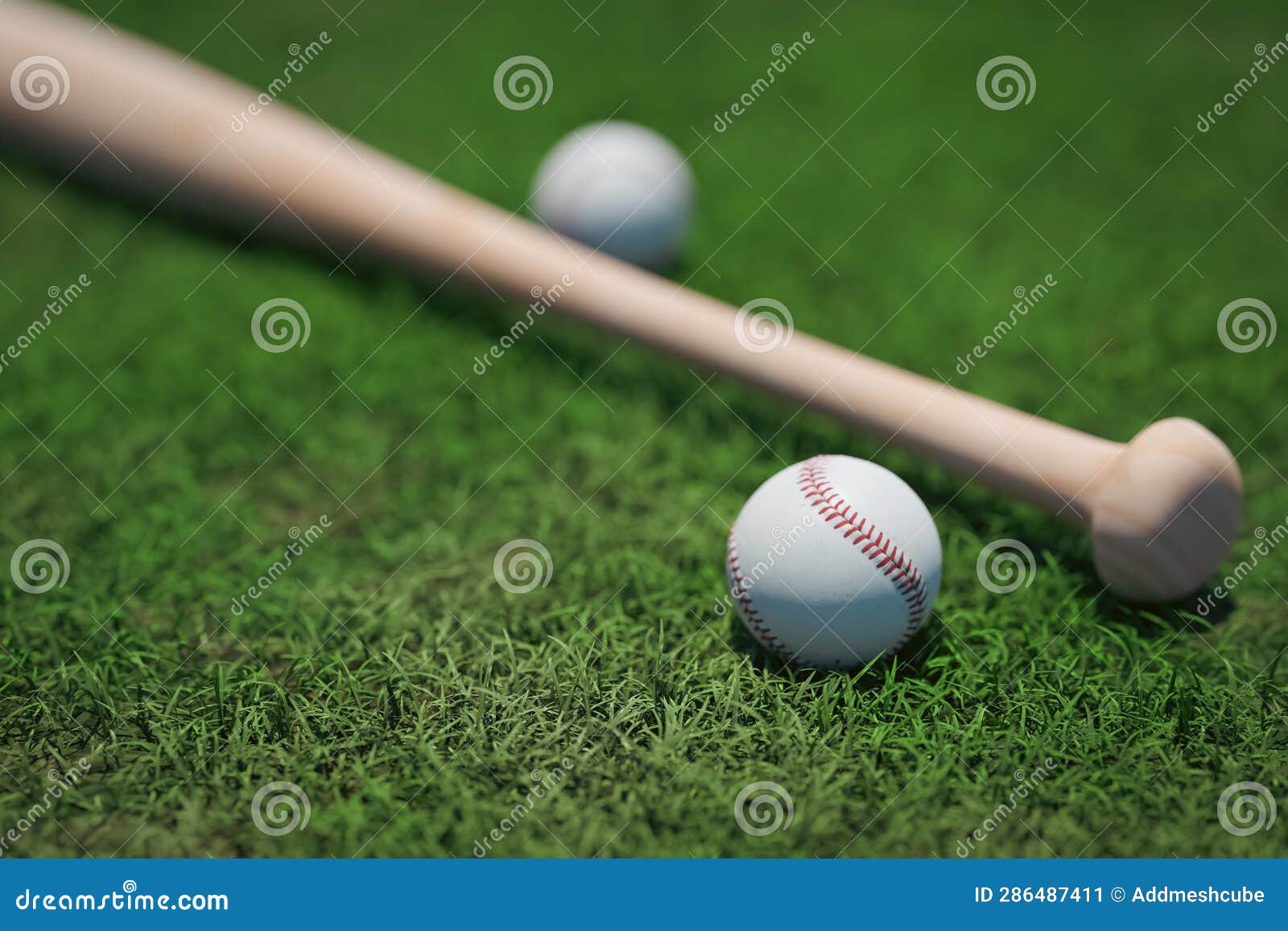 A Background with a Baseball and a Baseball Bat on the Grass Ground, 3d ...